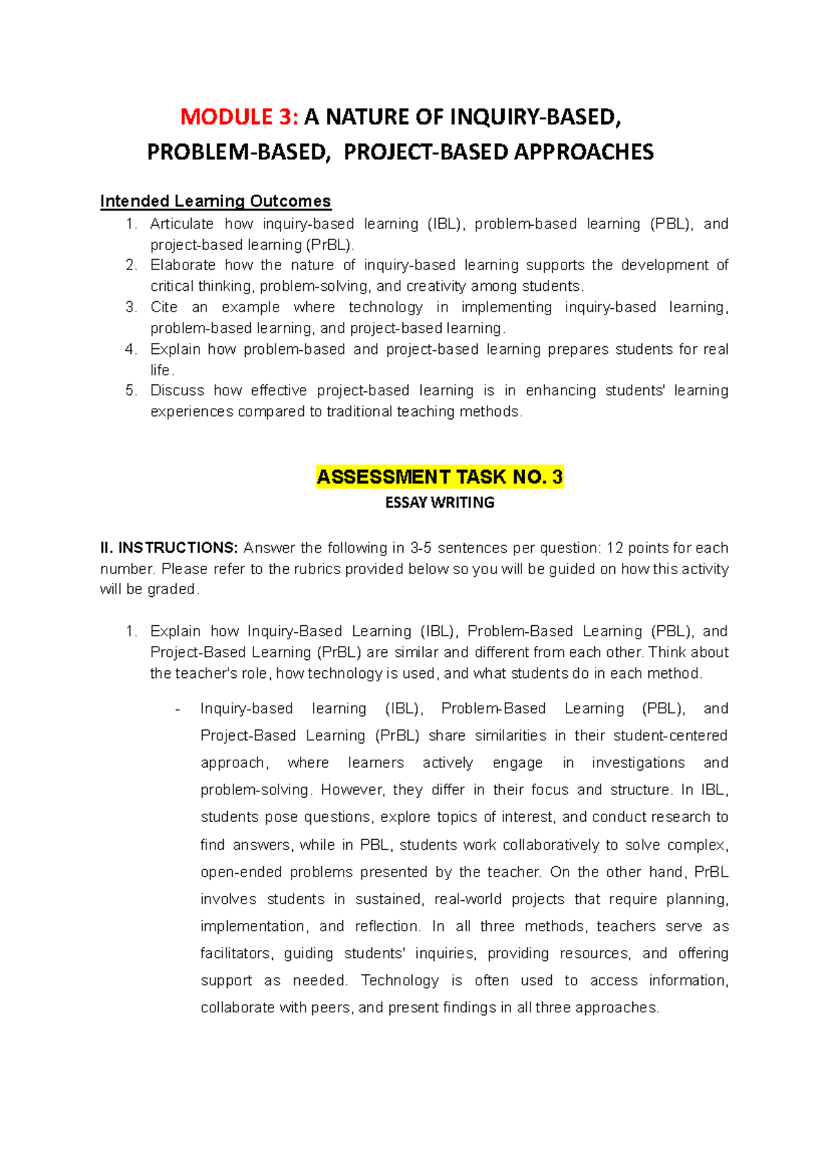 TTL-2 (Assessment No. 3) - MODULE 3: A NATURE OF INQUIRY-BASED, PROBLEM-BASED, PROJECT-BASED ...