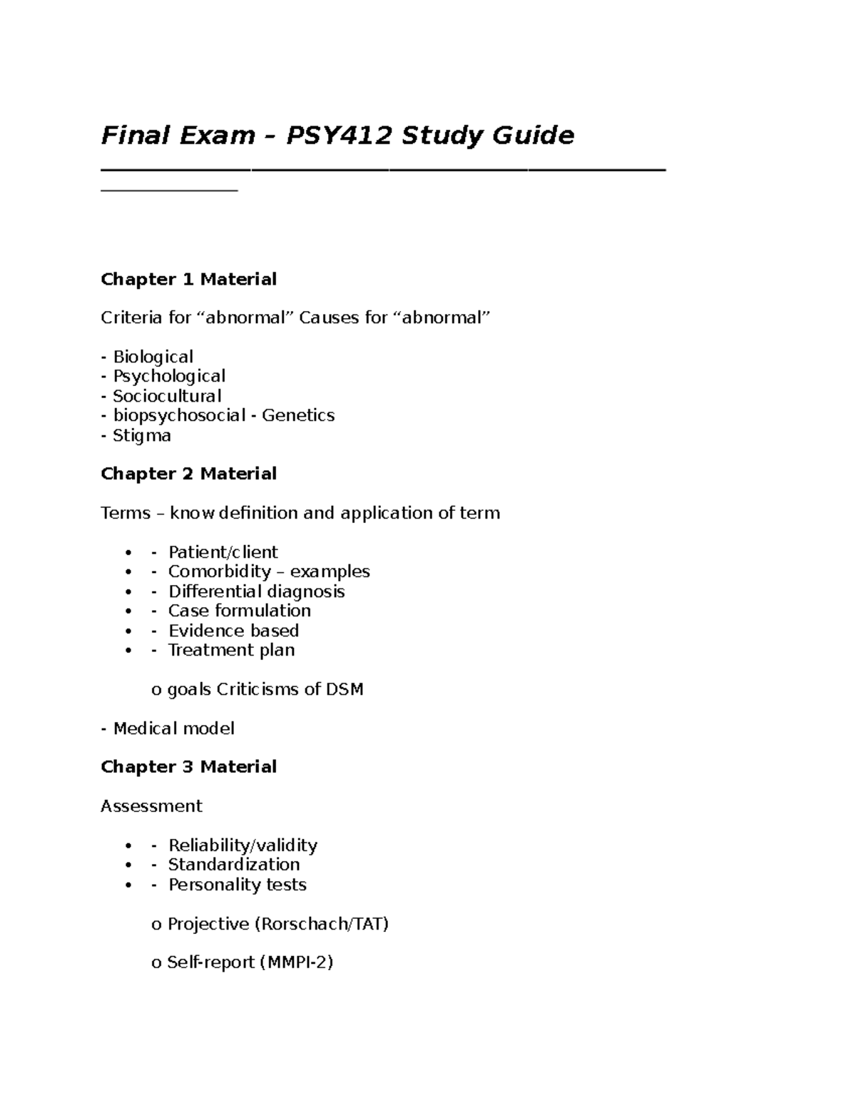 Final Exam abnormal study guide - Final Exam – PSY412 Study Guide ...