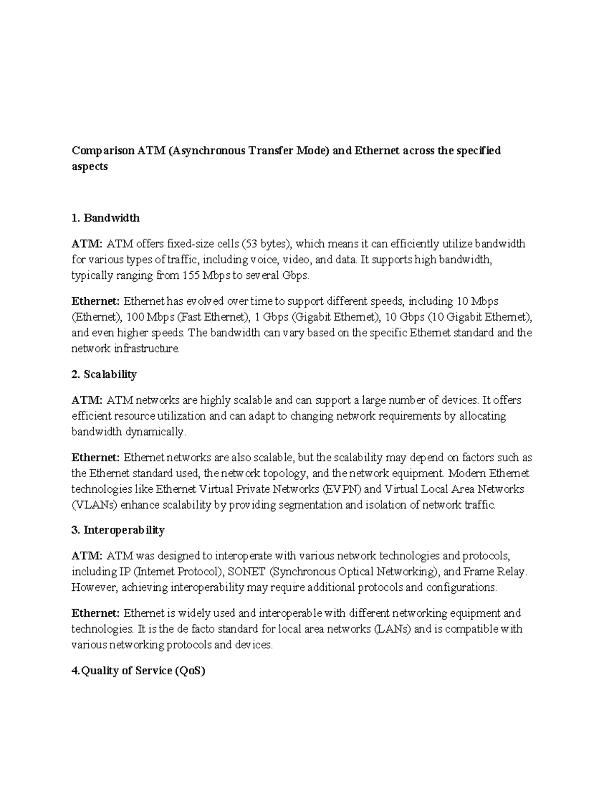CS2204 D.F Unit 1 communication and networking - Comparison ATM (Asynchronous Transfer Mode) and ...