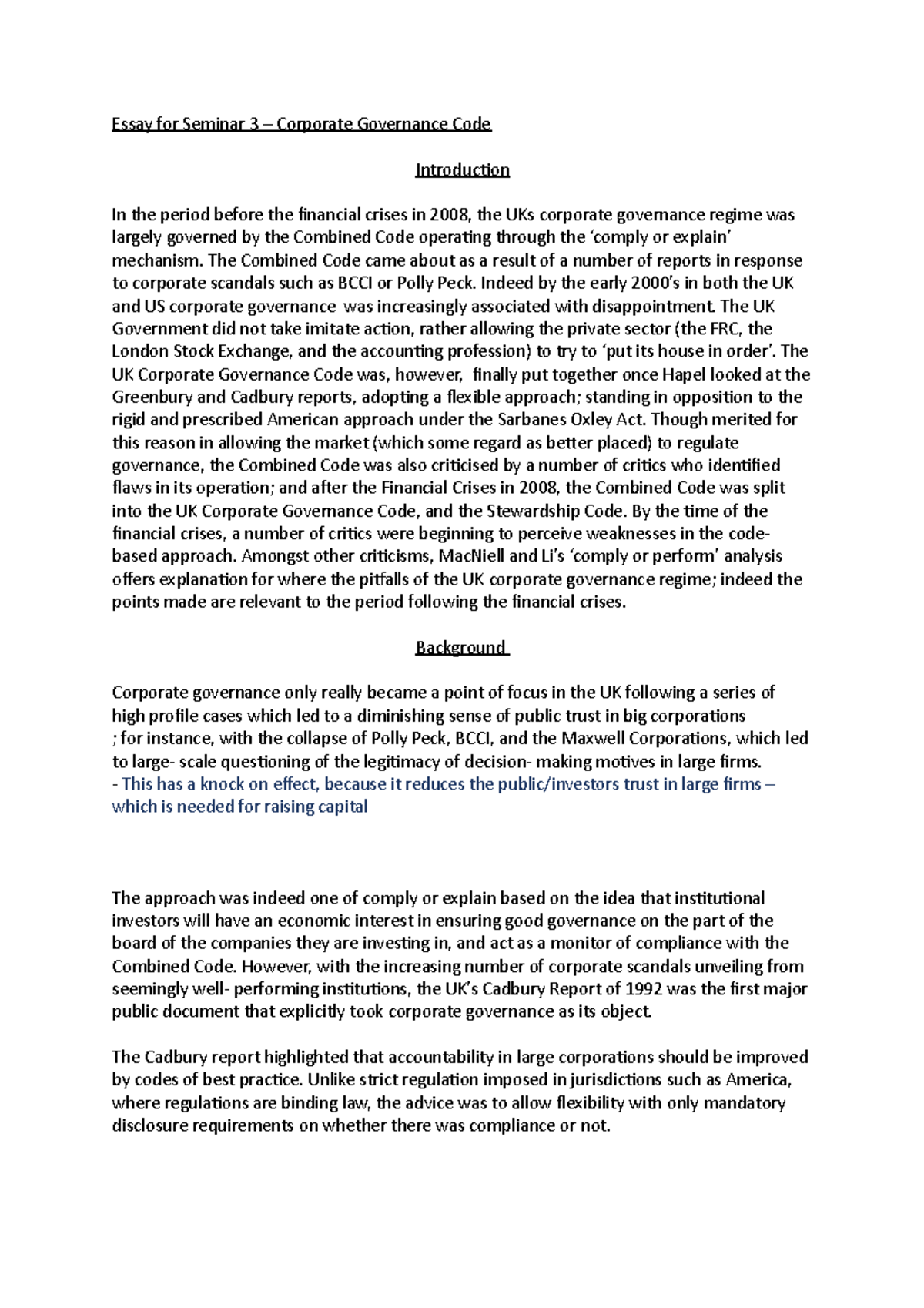 Seminar 3 Corporate Governance Code Code Based approach - Essay for ...