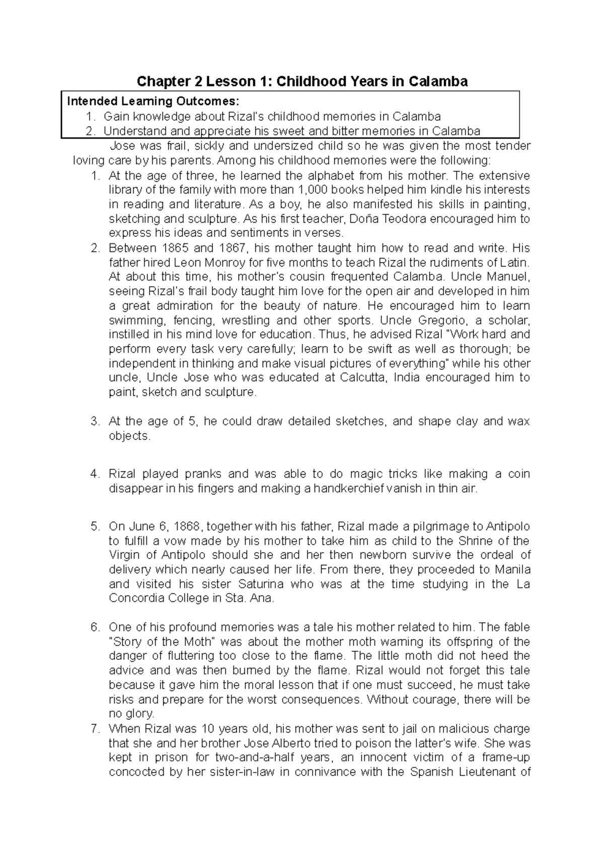 Chapter 2 Lesson 1 - Chapter 2 Lesson 1: Childhood Years in Calamba ...