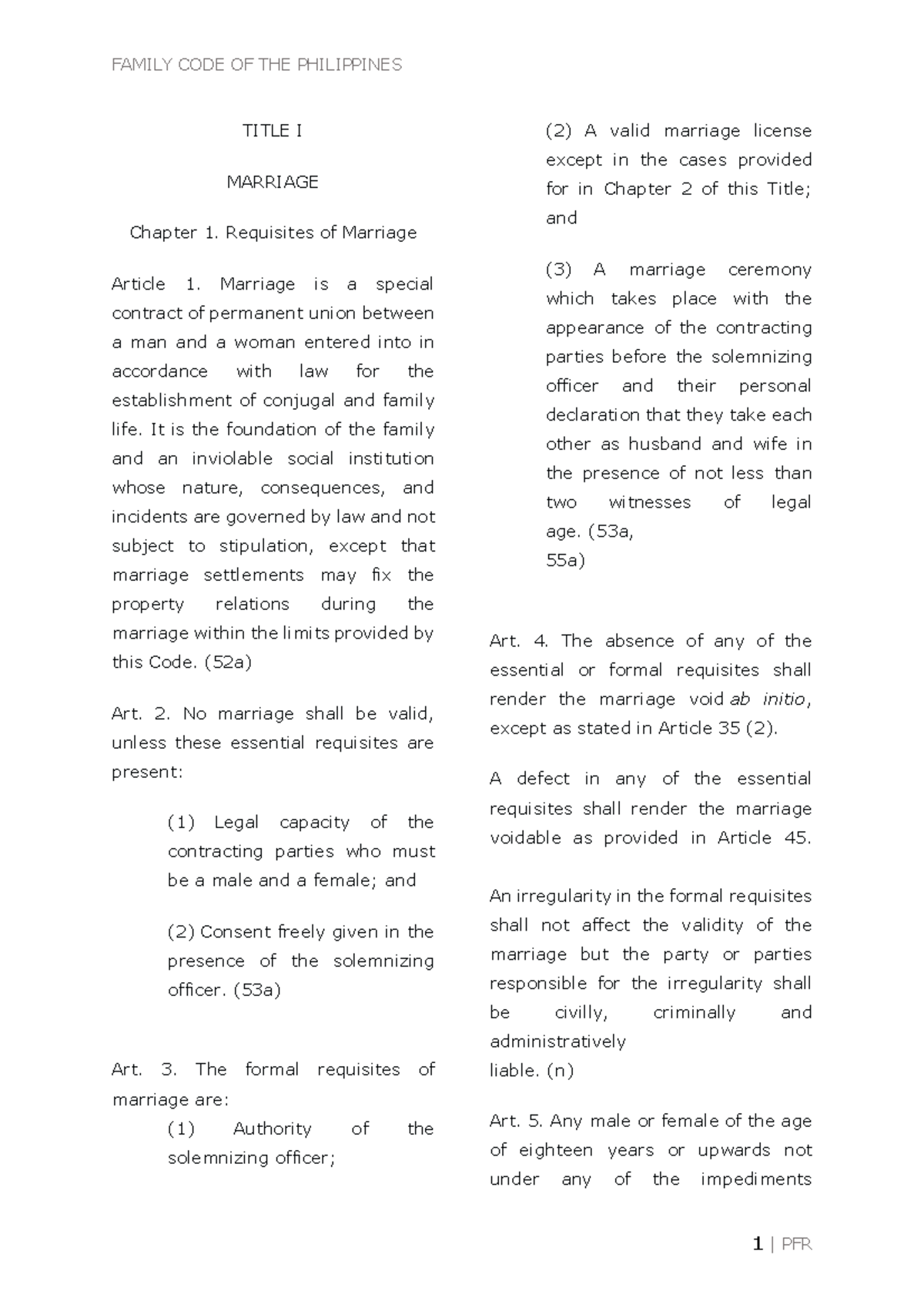 Title I - Family Code - TITLE I MARRIAGE Chapter 1. Requisites of ...