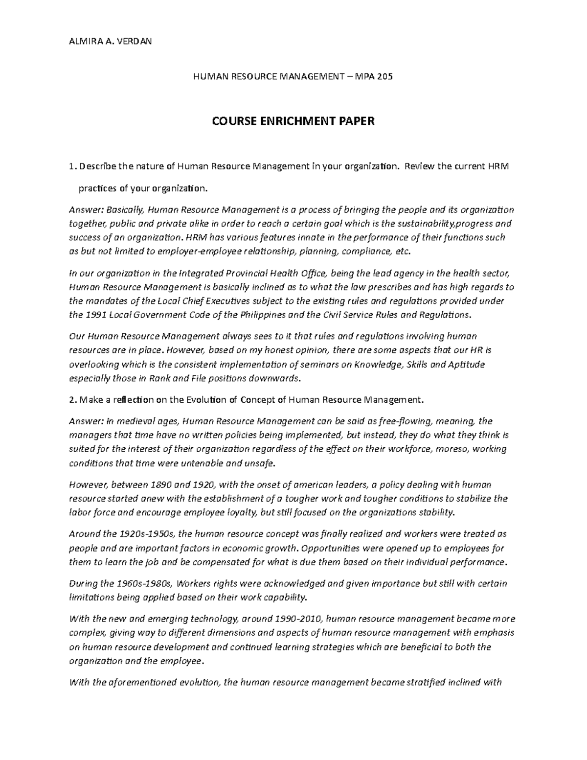 Course Enrichment Paper - HRM MPA 205 - ALMIRA A. VERDAN HUMAN RESOURCE ...