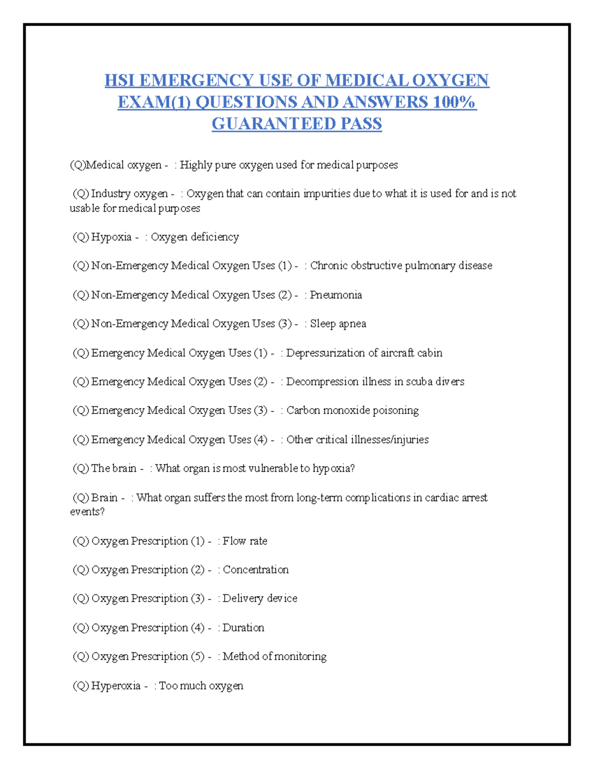 HSI Emergency USE OF Medical Oxygen EXAM - HSI EMERGENCY USE OF MEDICAL ...