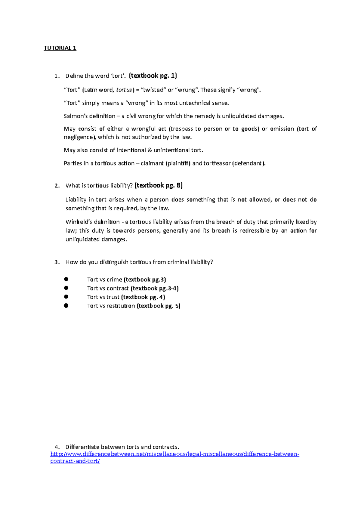 Self Answer - Tuto 1 - week 2 - TUTORIAL 1 Define the word ‘tort ...