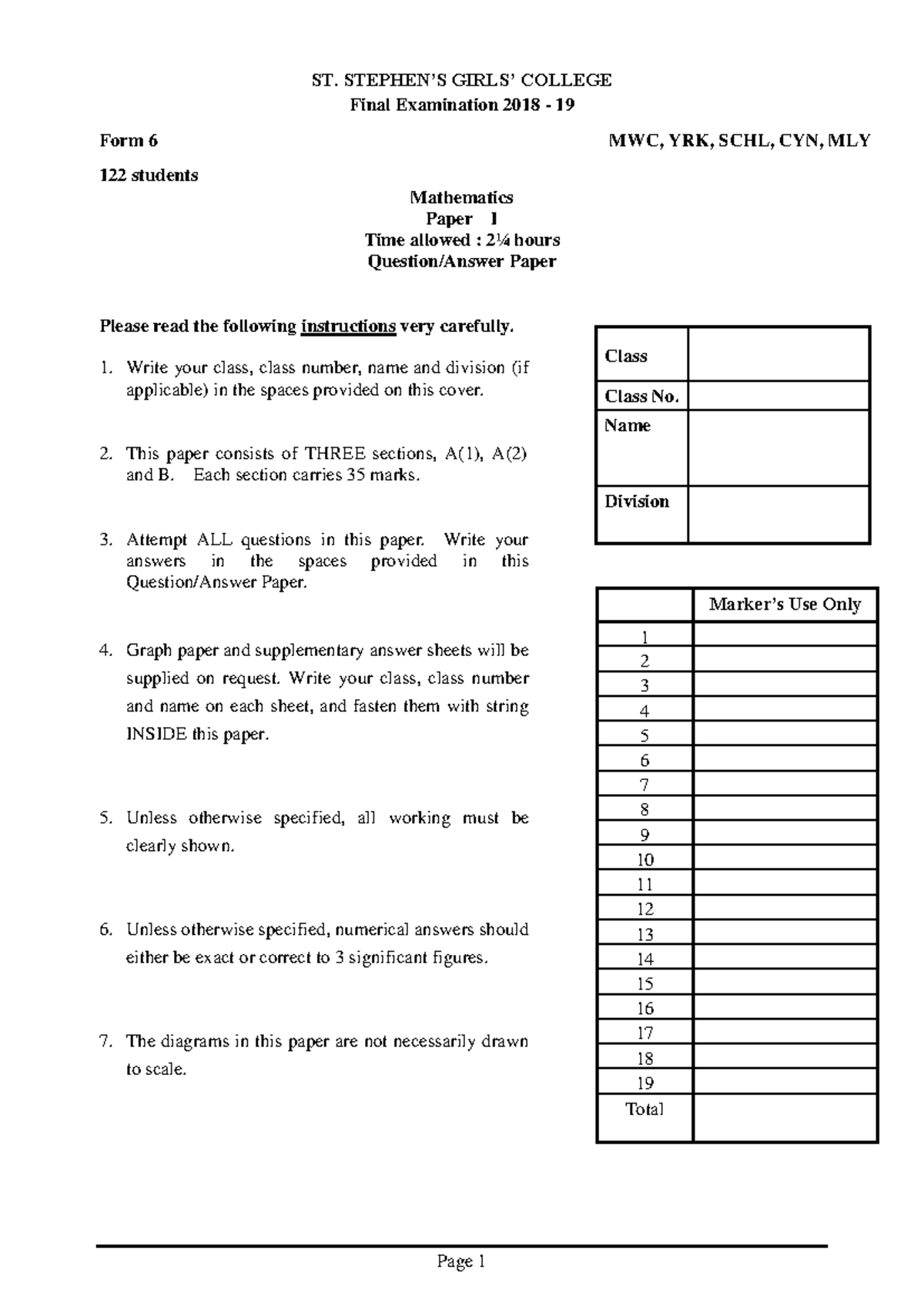 SSGC F6 Ma P1 18-19 fy - This is the final exam paper - ST. STEPHEN’S ...