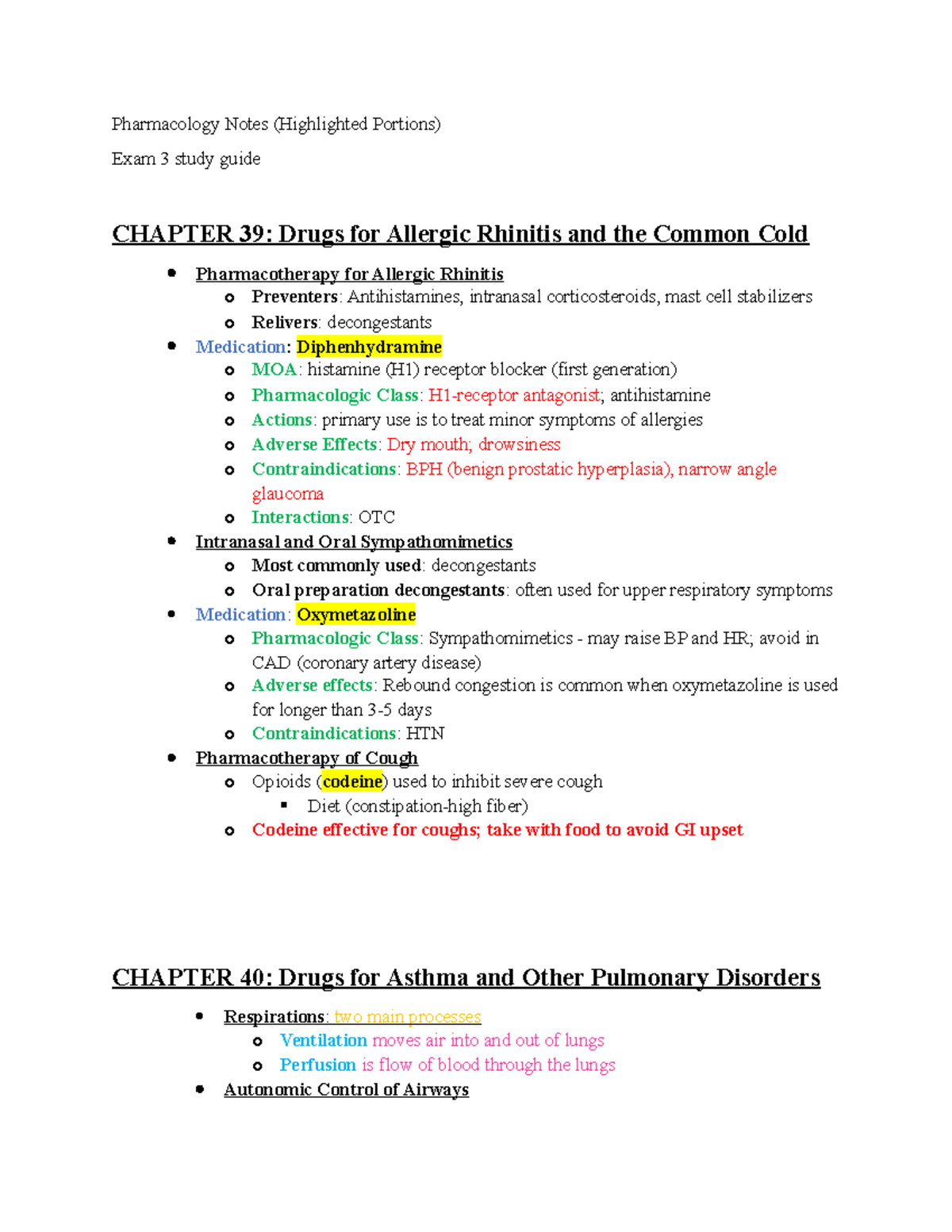 Pharmacology Notes MOD 5 6 - Pharmacology Notes (Highlighted Portions ...