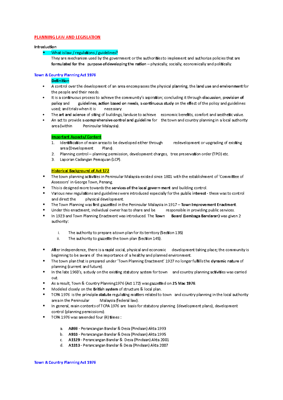 Planning law and Legislation - Urban Planning - UTHM - Studocu