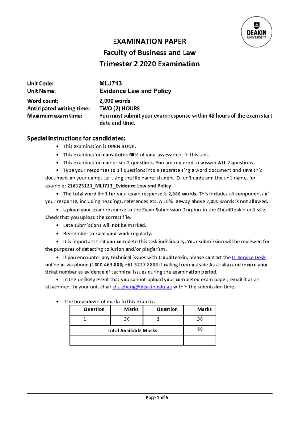 MLJ713 T2 2020 Exam Paper - EXAMINATION PAPER Faculty of Business and ...