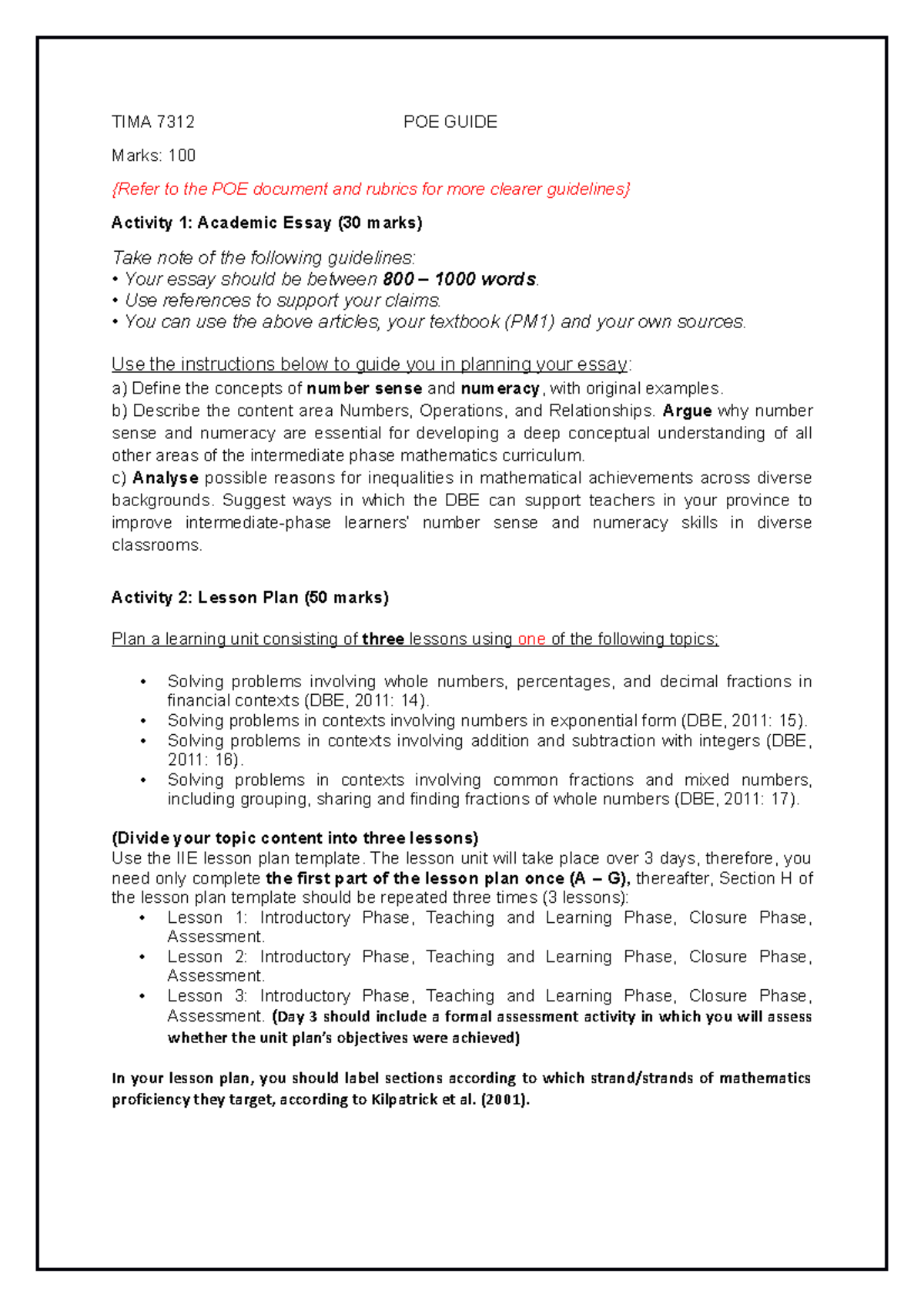 POE Guide - TIMA 7312 POE GUIDE Marks: 100 {Refer to the POE document ...