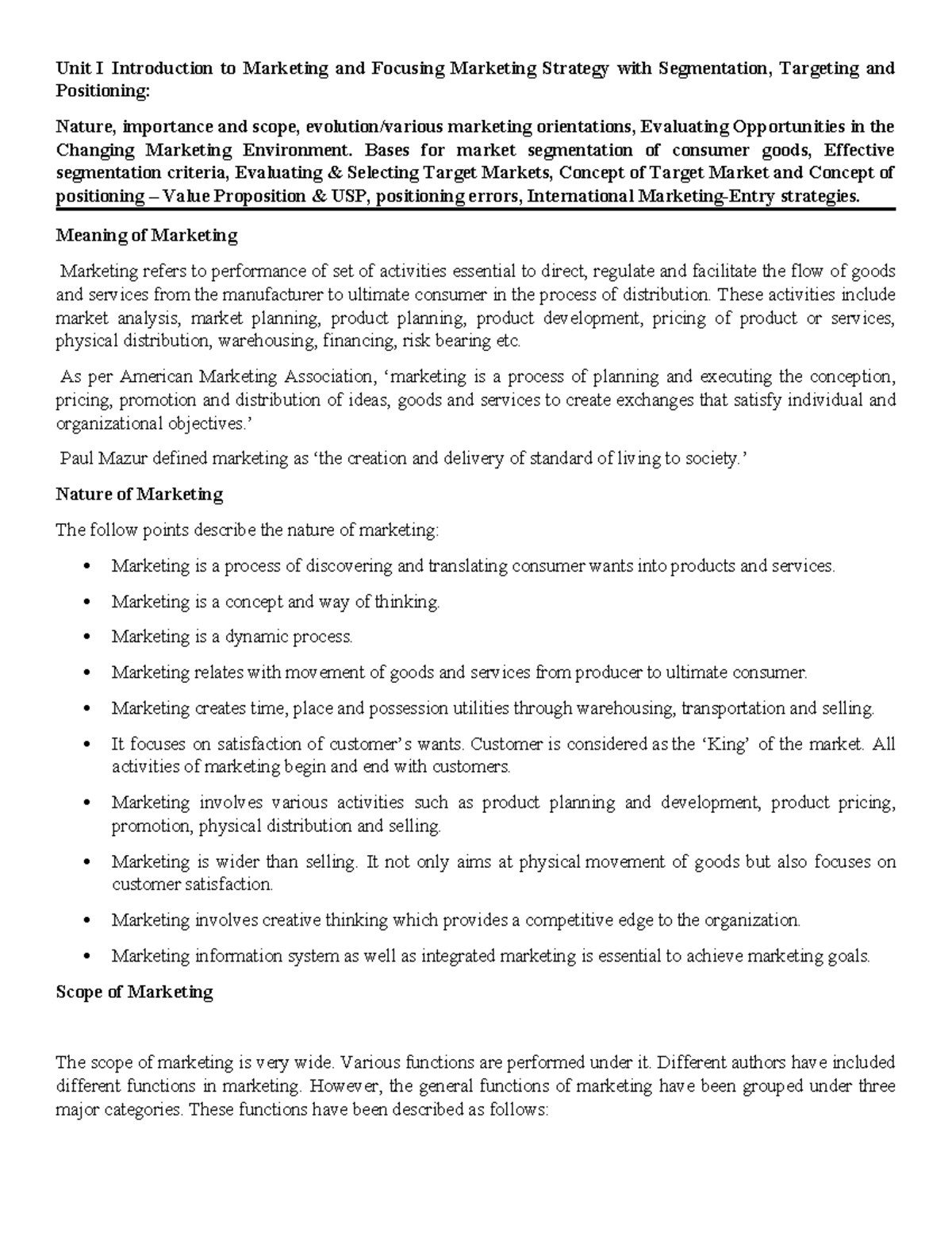 UNIT 1 - PMM - Unit I Introduction to Marketing and Focusing Marketing ...