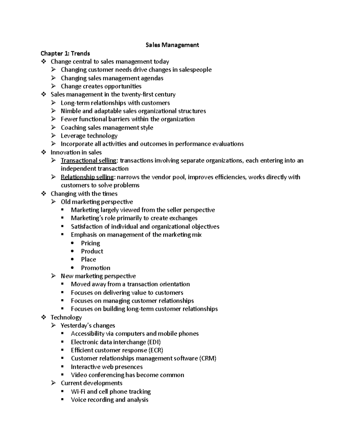 Notes - Sales Management Chapter 1: Trends Change central to sales ...