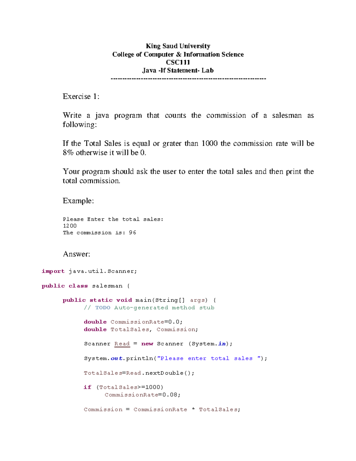 Java Commission Example - King Saud University College of Computer ...