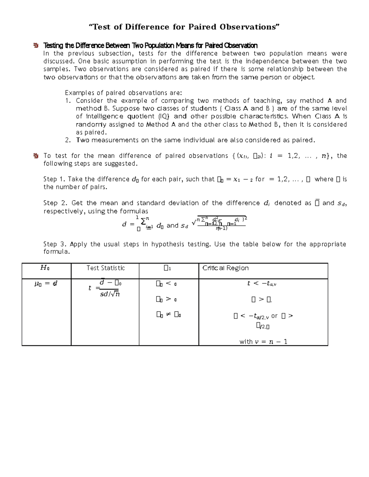 5 - Lesson - Paired ttest - “Test of Difference for Paired Observations ...