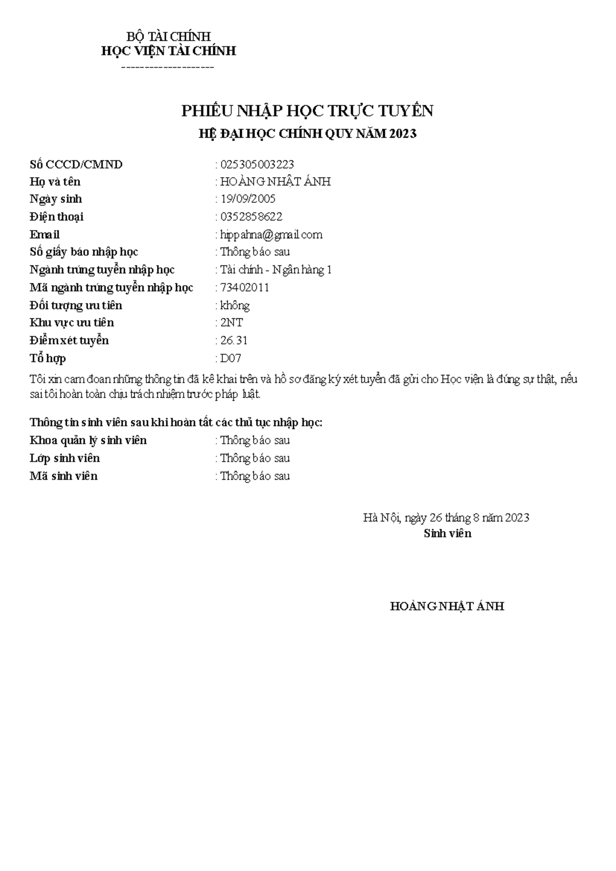 Phieu Dang Ky Hoang NHAT ANH So CMND 025305003223 - BỘ TÀI CHÍNH HỌC VIỆN TÀI CHÍNH - PHIẾU NHẬP ...