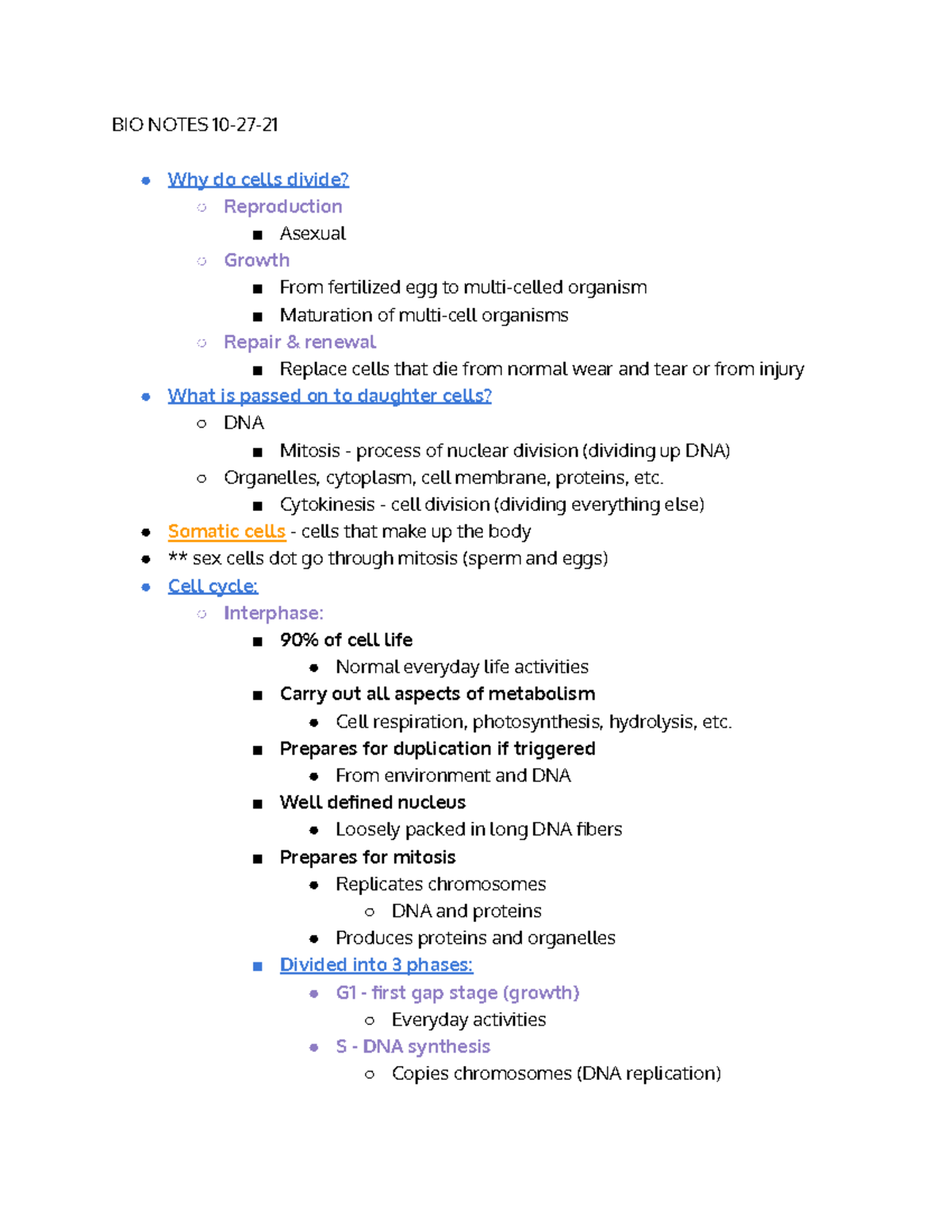 BIO Notes cells - BIO NOTES 10-27- Why do cells divide? Reproduction ...