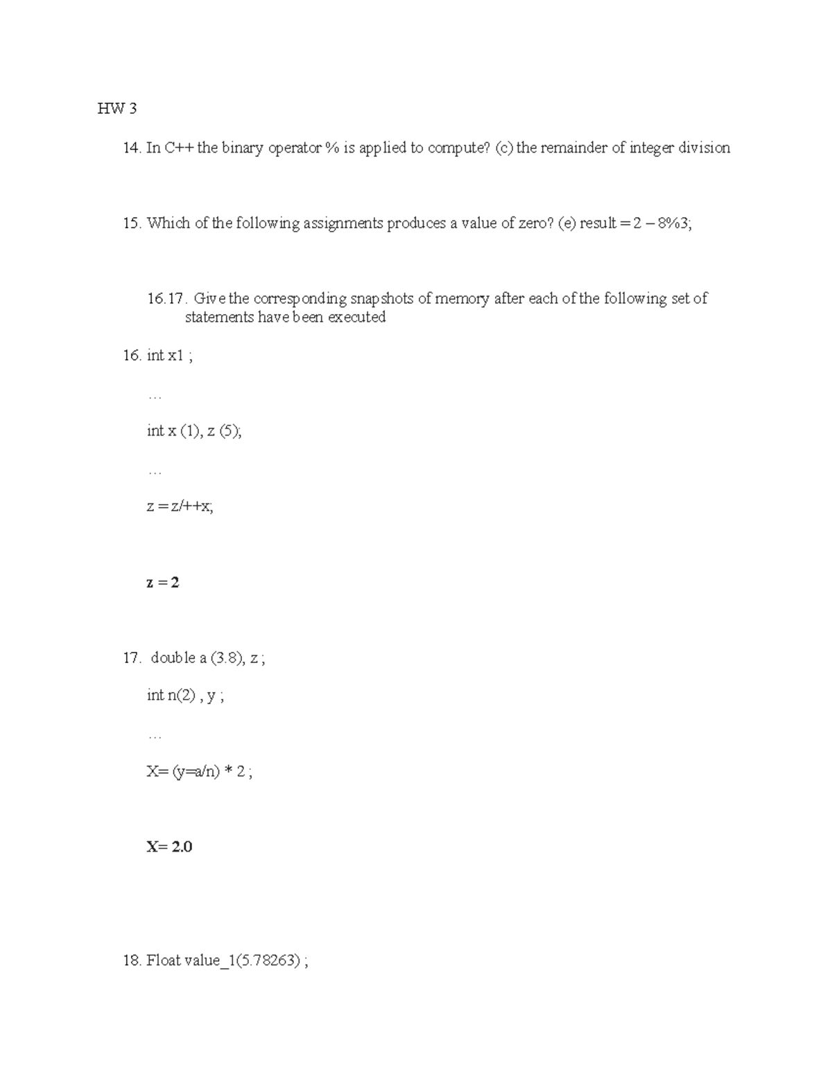 Hw3 - engineering problem sloving with c - HW 3 14 C++ the binary operator % is applied to ...