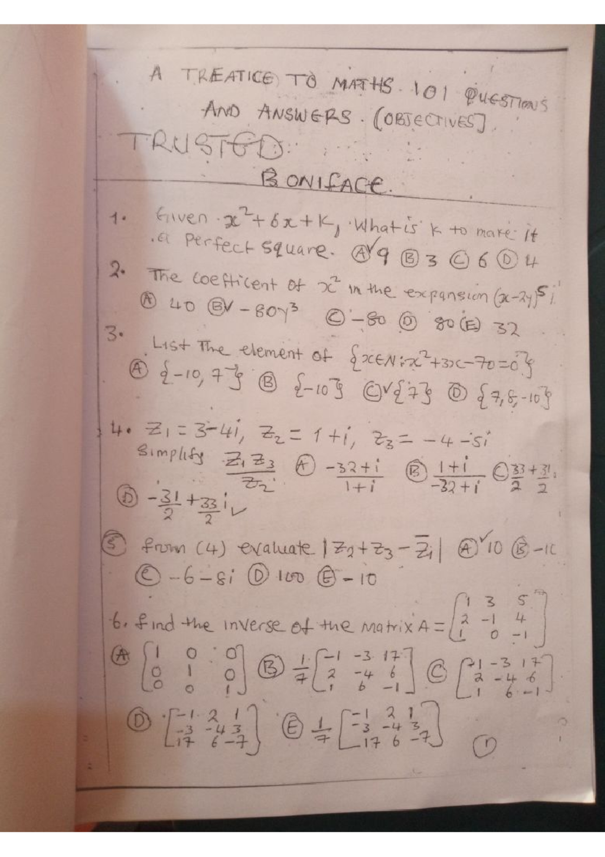 Math 101 past questions and answers - A TREATICE TO MATHS 101 QUESTIONS ...