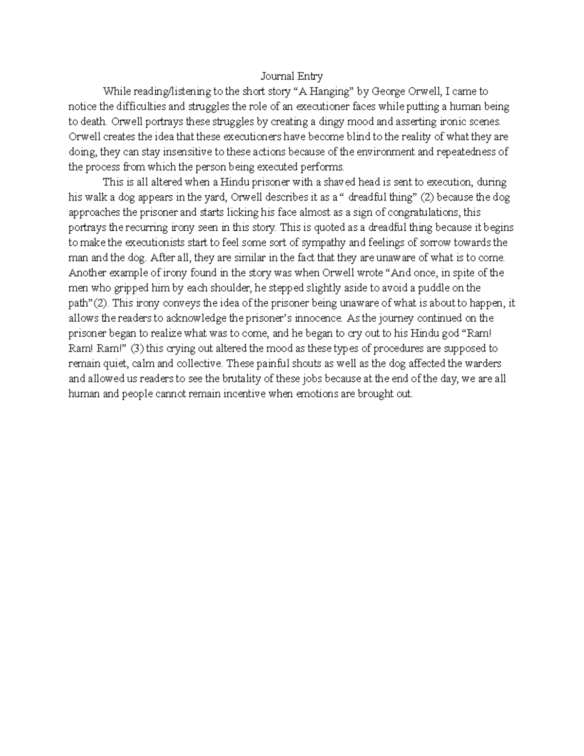 Journal Entry - Journal Entry While reading/listening to the short ...