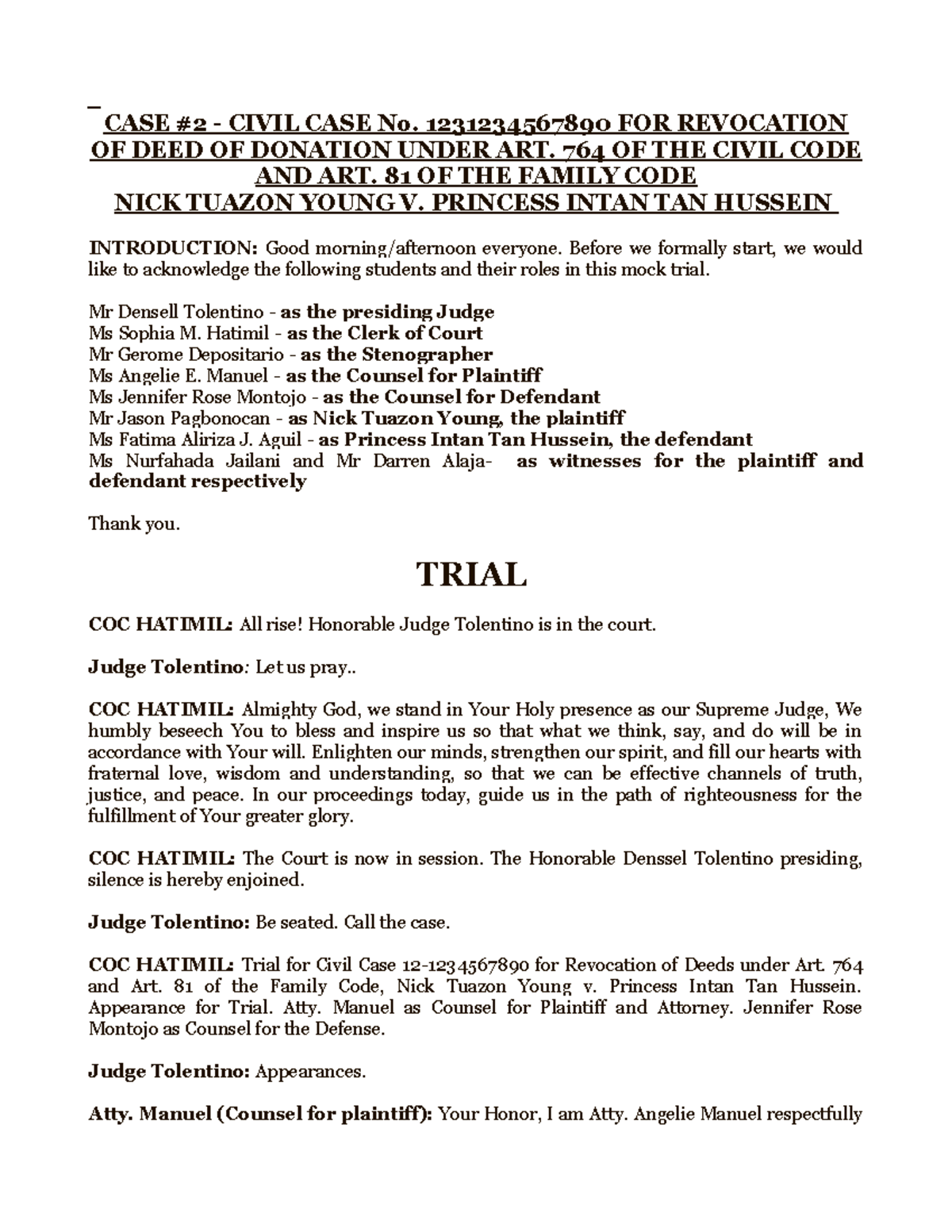 Civpro Trial Script #2 - CASE #2 - CIVIL CASE No. 1231234567890 FOR ...