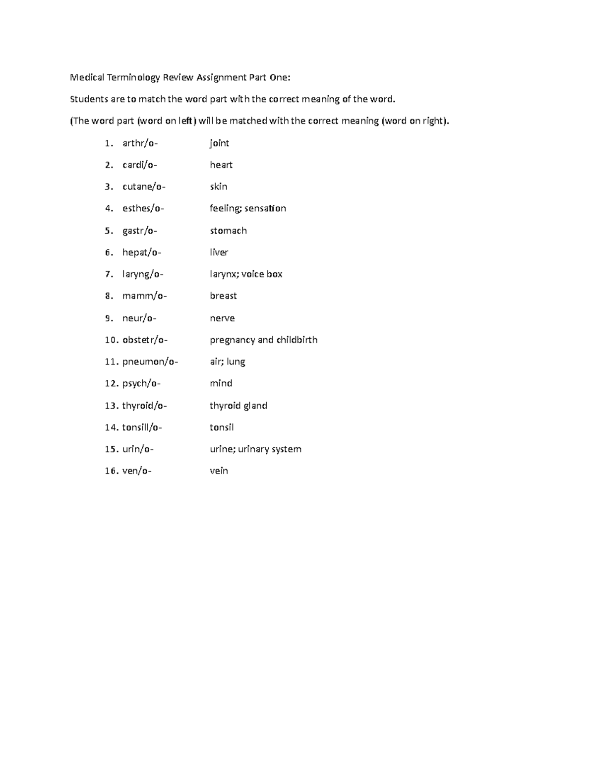 Medical Terminology Review Assignment The Word Part word On Left medical-terminology-review-assignment-the-word-part-word-on-left