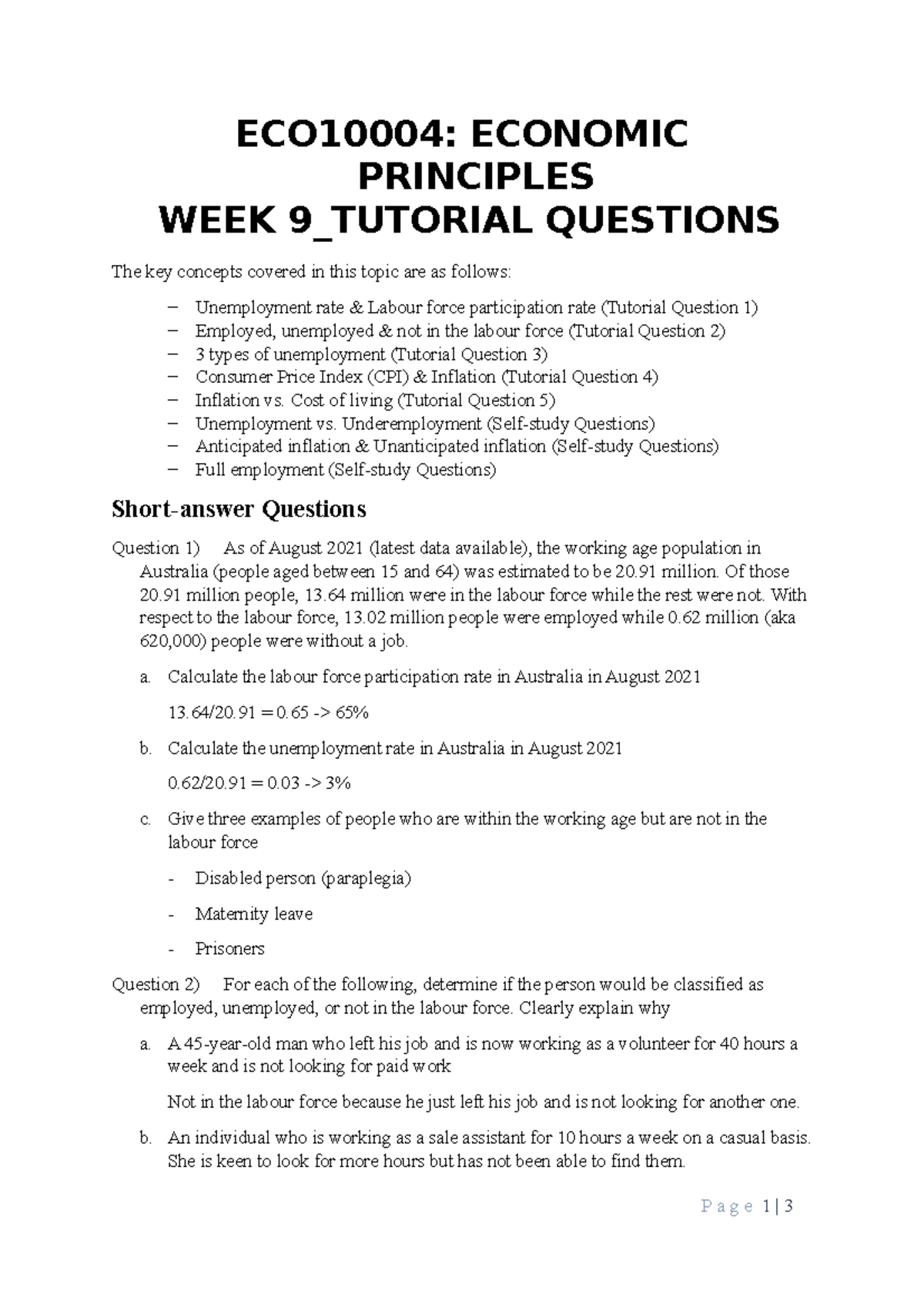 Week 9 Tutorial Questions answers - ECO10004: ECONOMIC PRINCIPLES WEEK 9_TUTORIAL QUESTIONS The ...