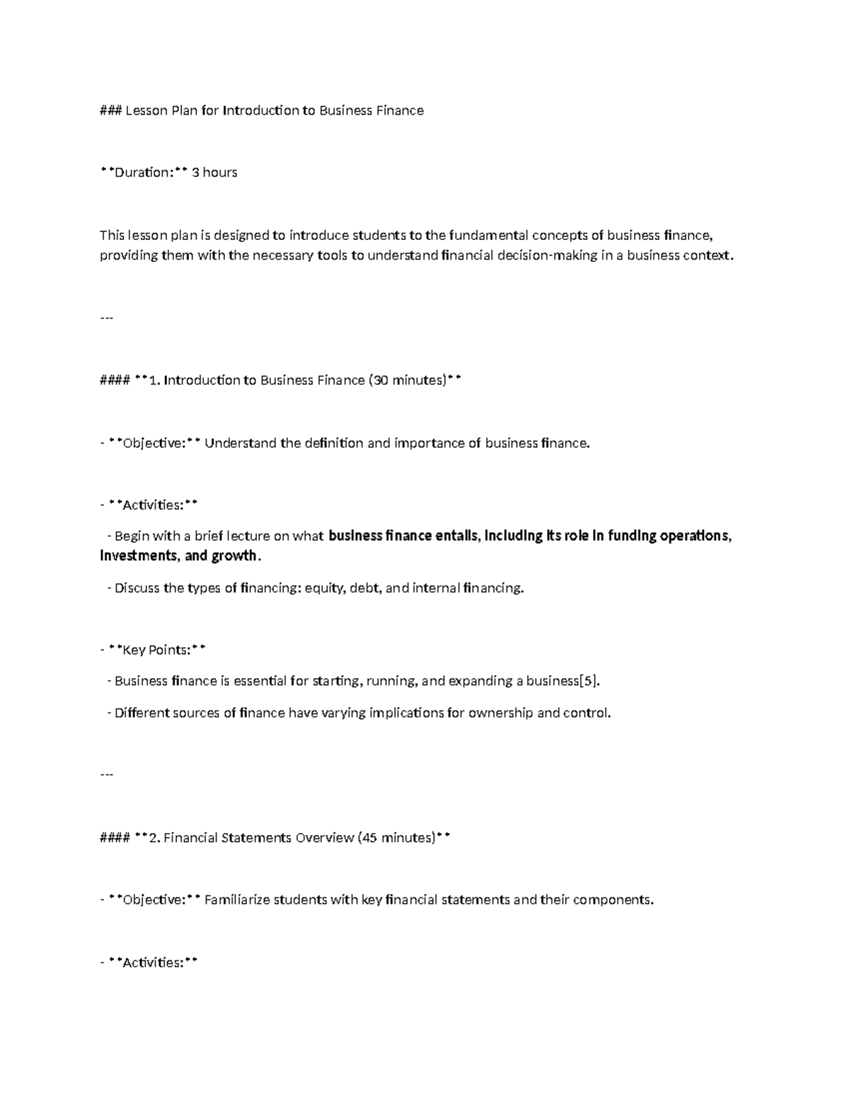 Introduction to Business Finance - Lesson Plan for Introduction to ...