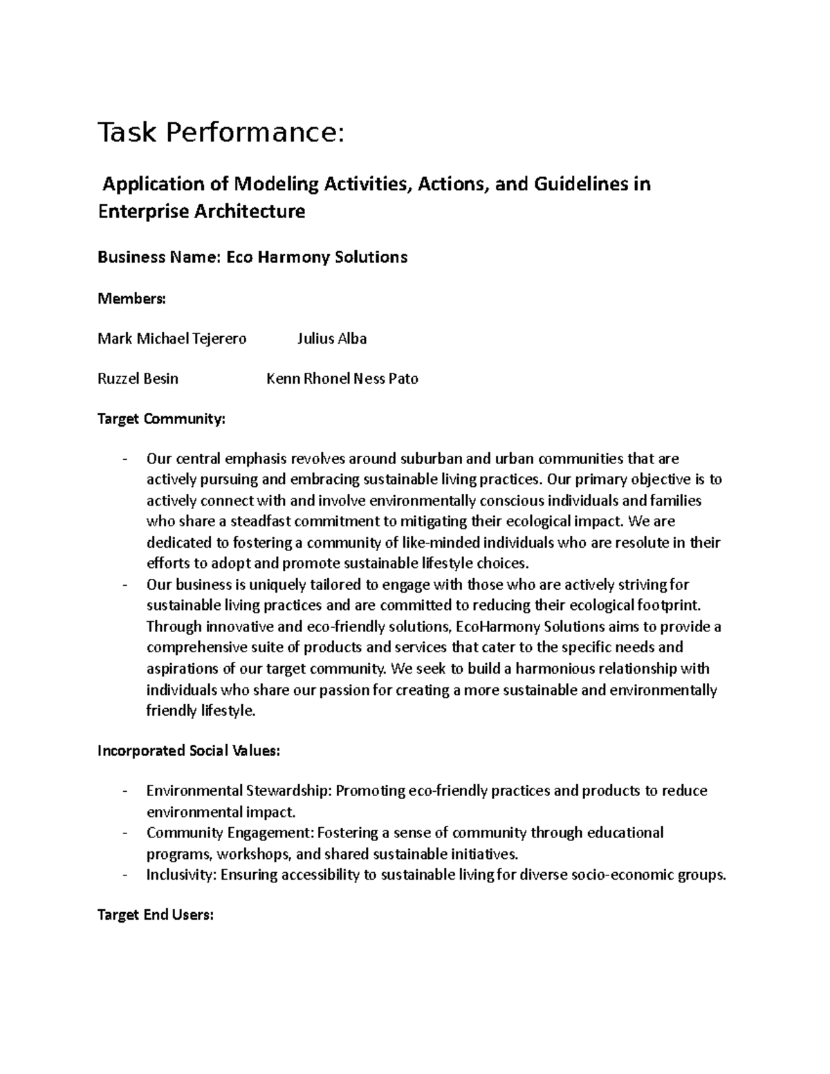 Task-Performanc 1 - Enterprise - Task Performance: Application of Modeling Activities, Actions ...