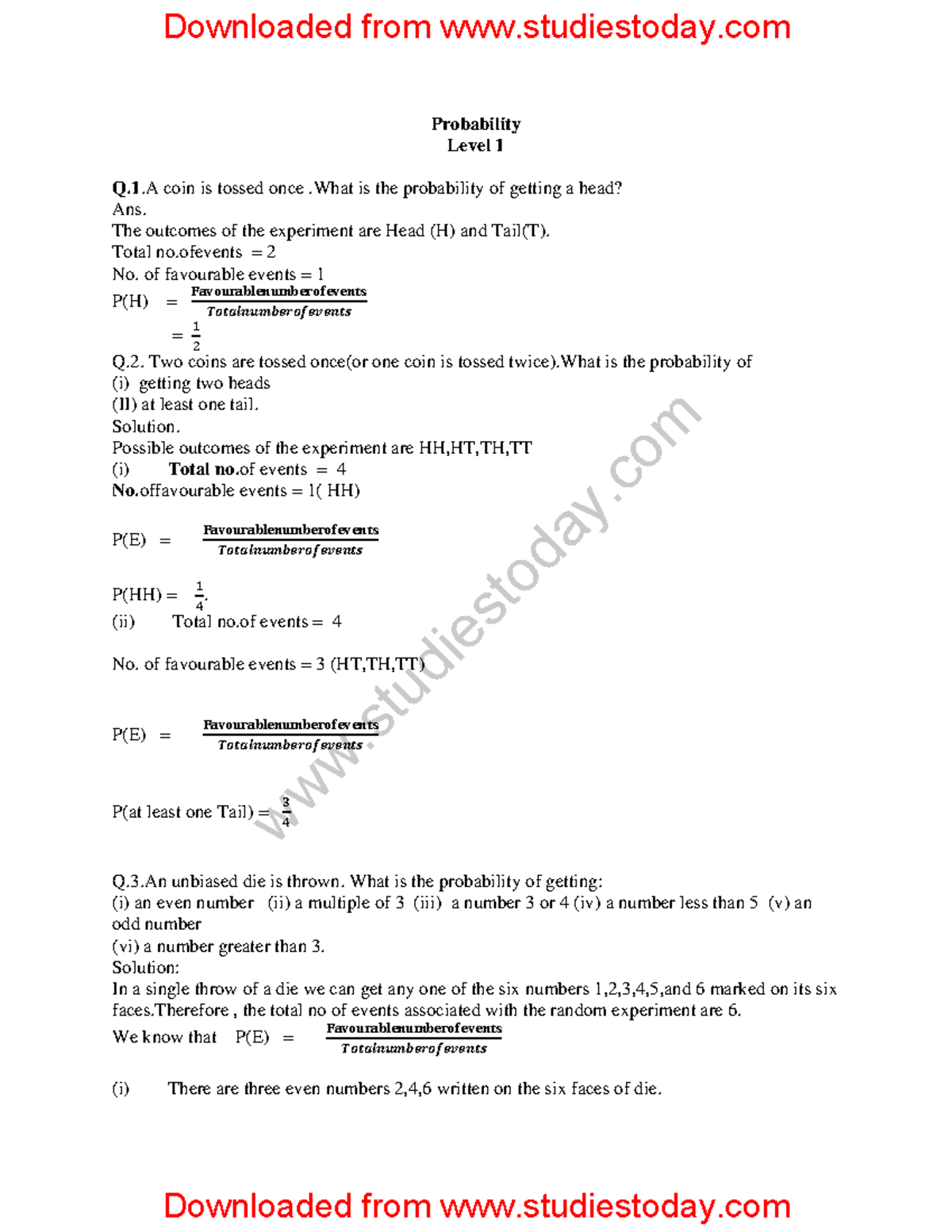 CBSE Class 10 Probability - studiestoday Probability Level 1 Q.1 coin ...