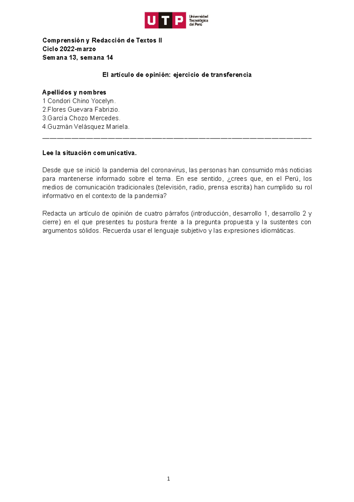 S13 y S14 - El artículo de opinión ejercicio de transferencia formato-1 ...
