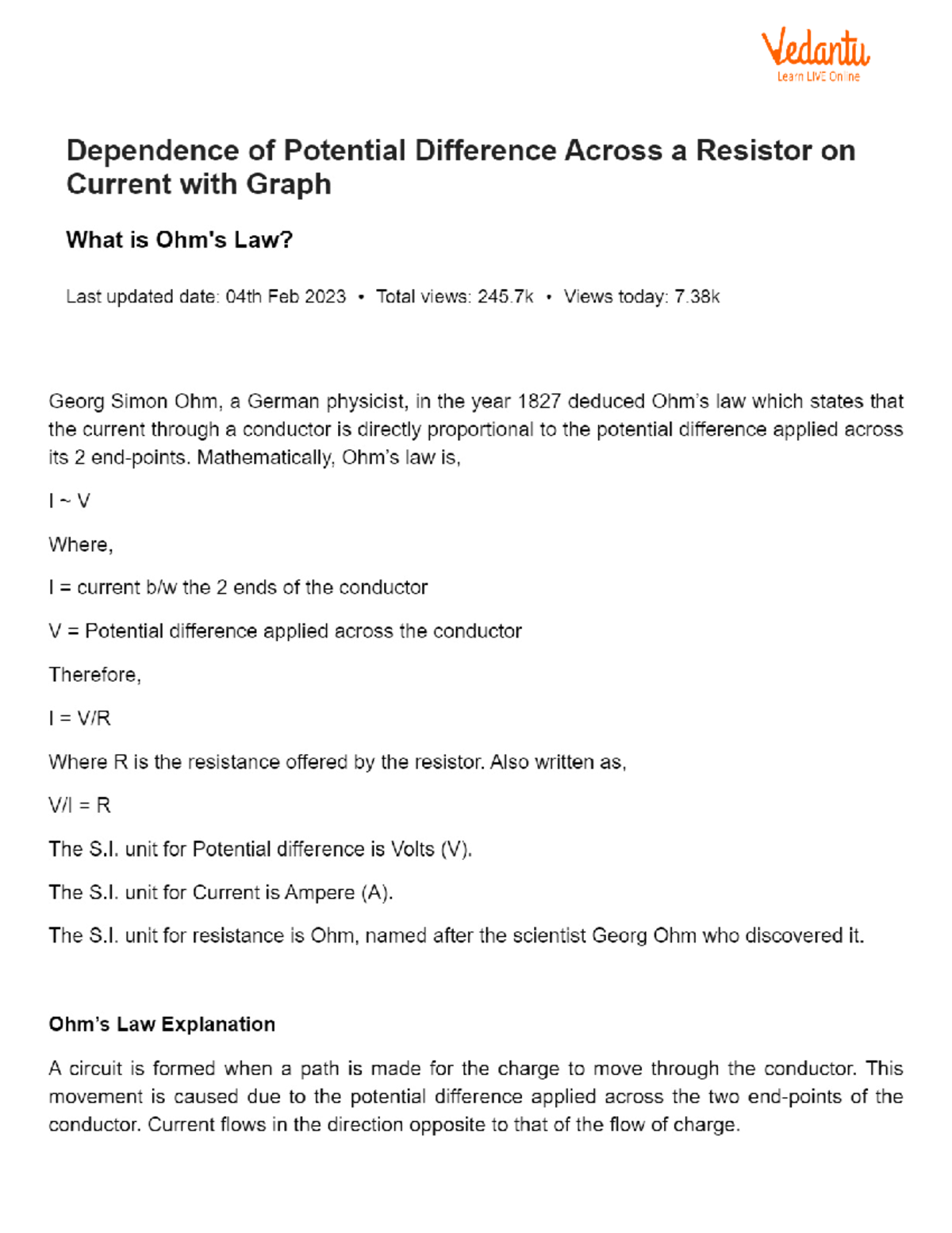 Dependence of Potential Difference Across a Resistor on Current with ...