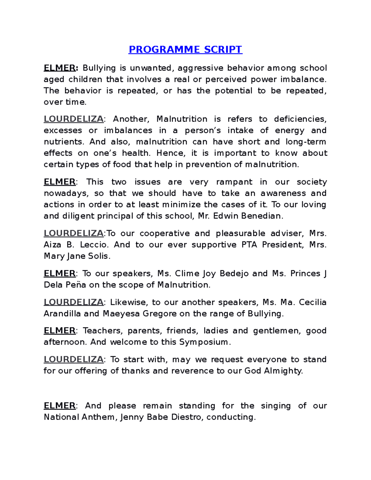 Programme Script - PROGRAMME SCRIPT ELMER: Bullying is unwanted, aggressive behavior among ...