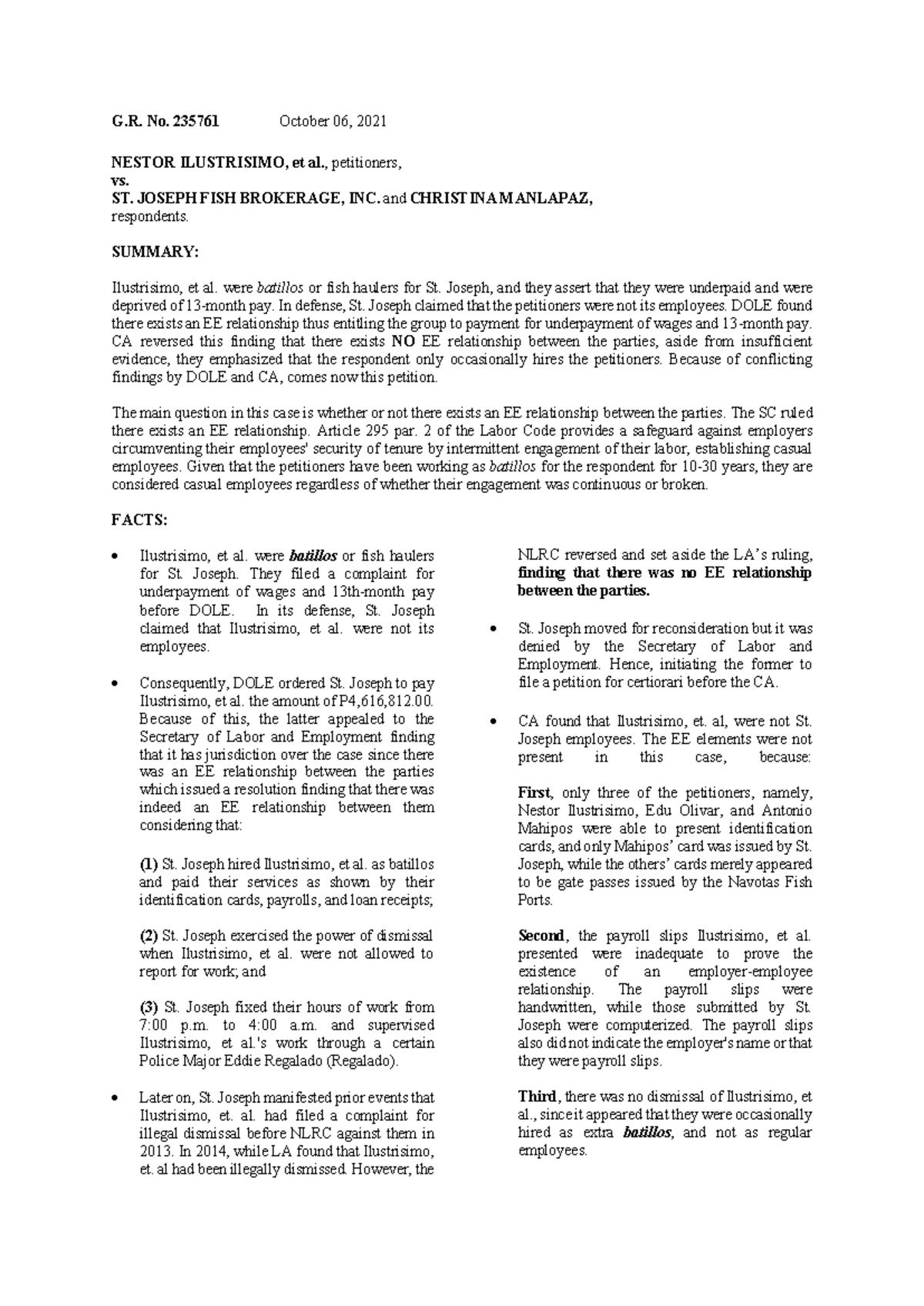 Ilustrisimo, et al. v. St. Joseph - Case Digest - G. No. 235761 October ...