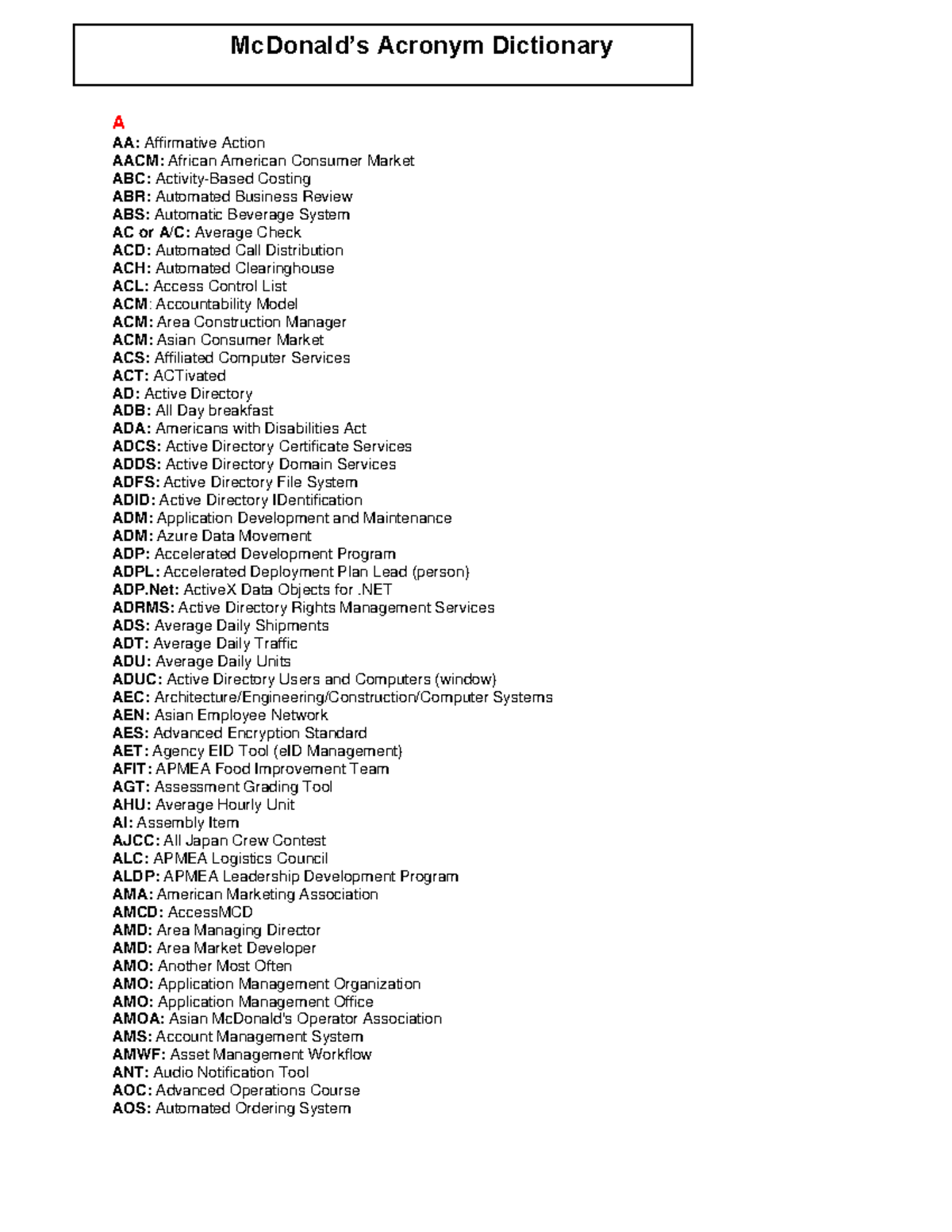 Mc D Acronyms 2016 - Nice - A AA: Affirmative Action AACM: African ...
