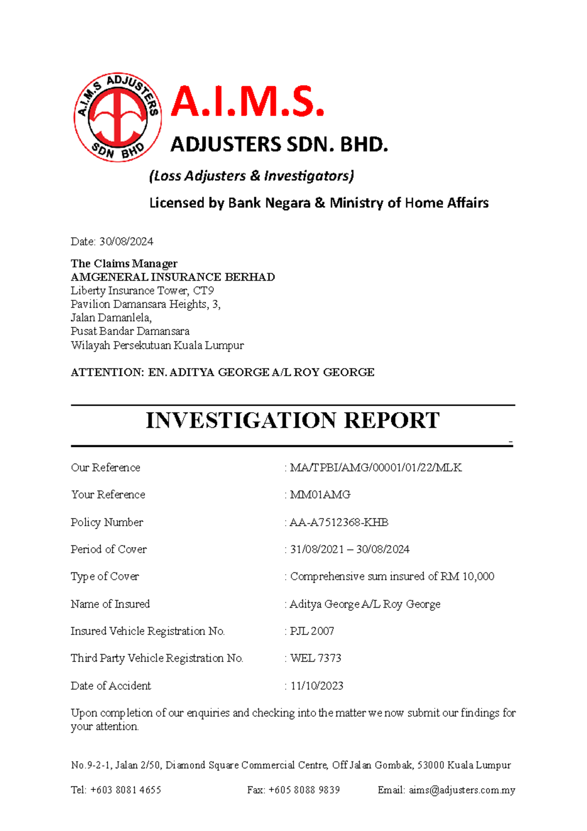 Adjuster'S Report [F] New - No- 2 - 1, Jalan 2/50, Diamond Square ...