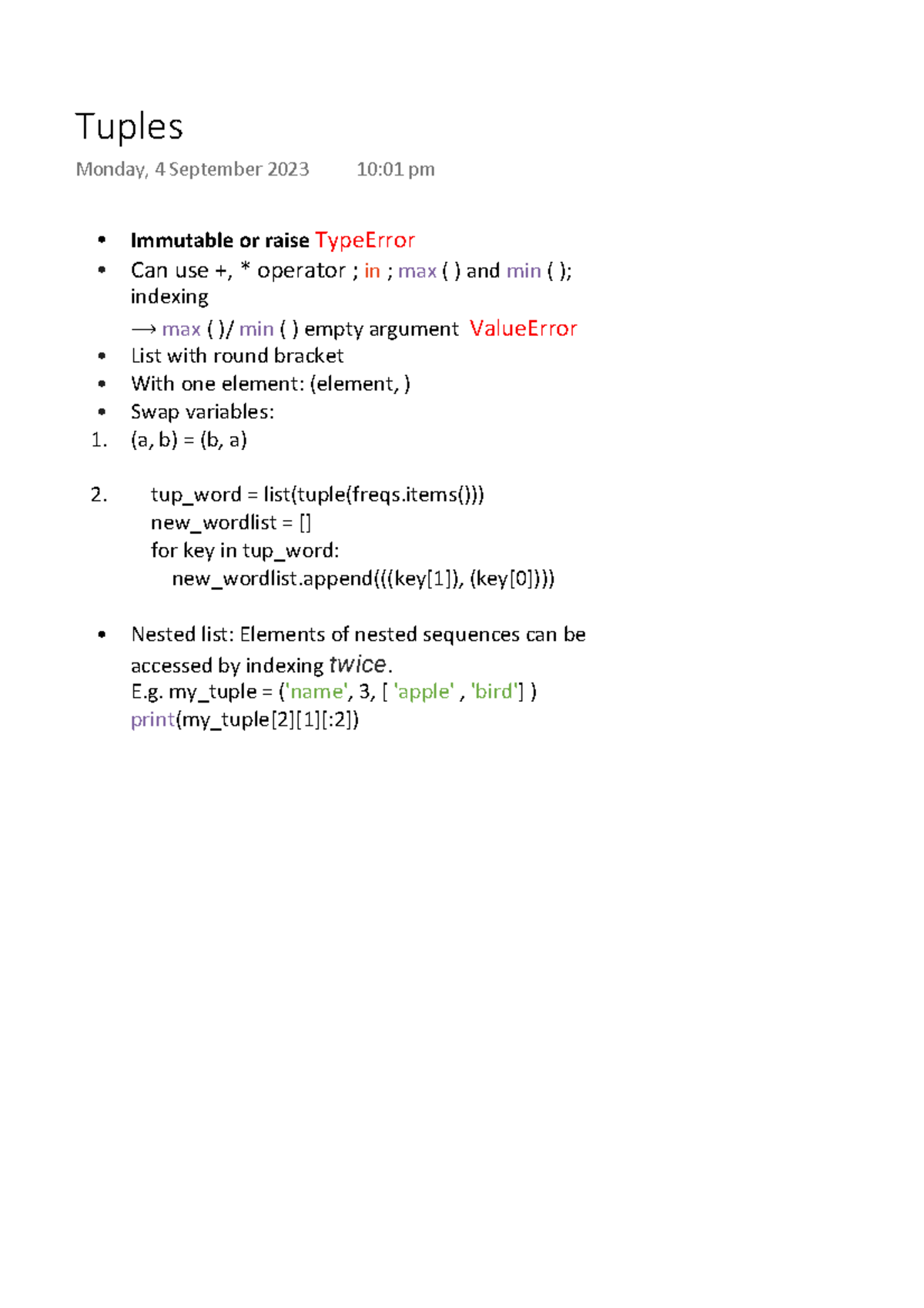 Tuples Notes Immutable Or Raise Typeerror Can Use Operator In Max And Min