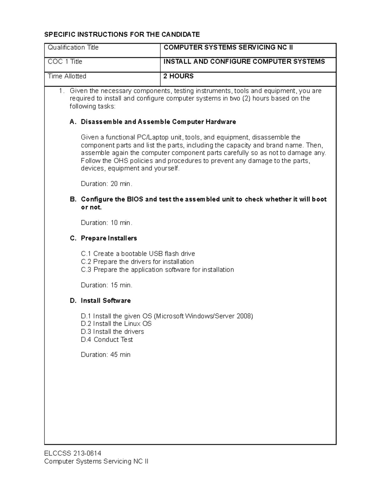 Css nc2 assessment instructions - SPECIFIC INSTRUCTIONS FOR THE CANDIDATE ELCCSS 213 ...