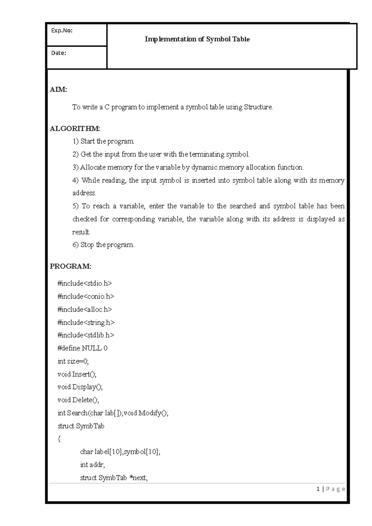 Cd Labmanual B 5555555550 Aim To Write A C Program To Implement A Symbol Table Aim To Write