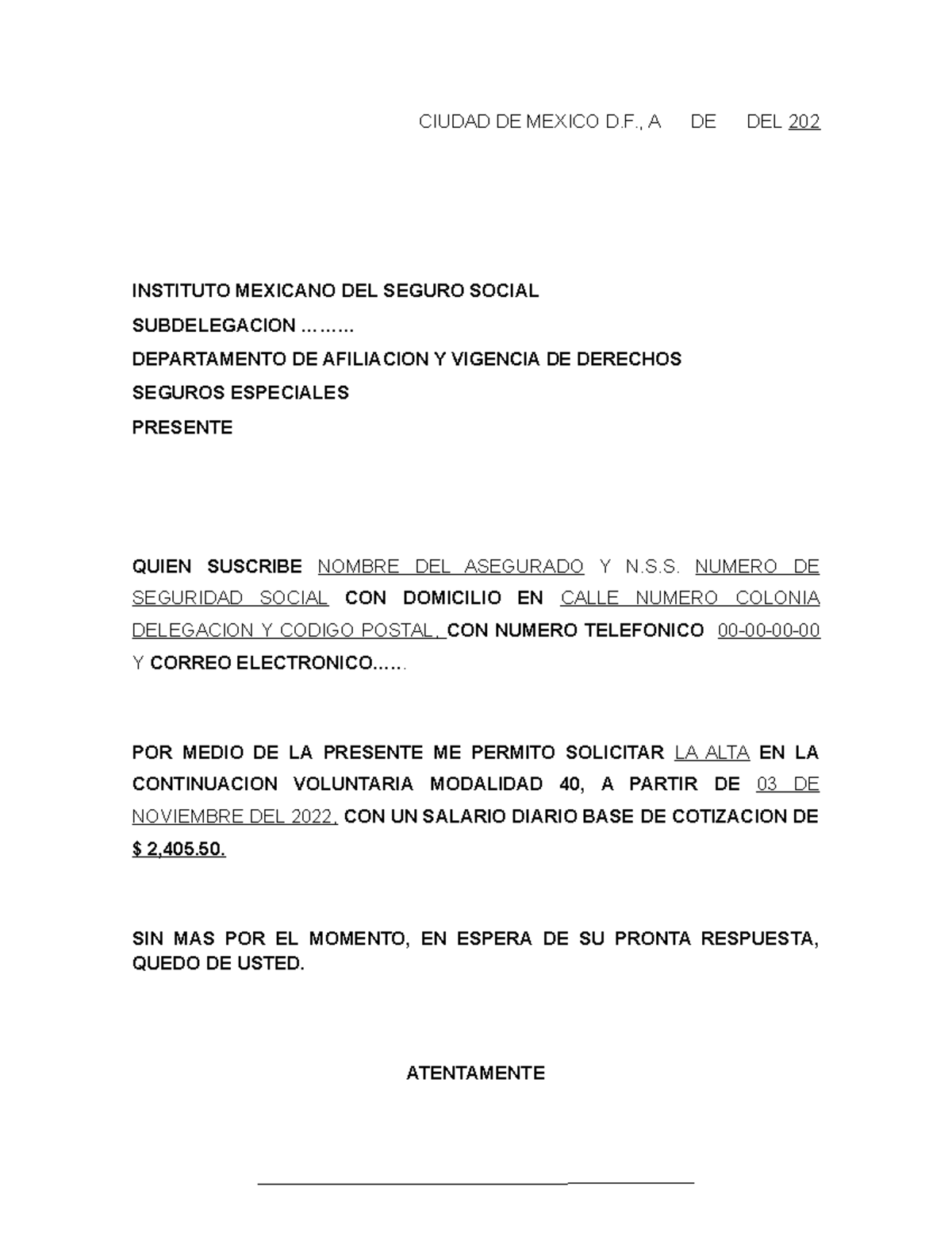 Escrito modalidad 40-1 - CIUDAD DE MEXICO D., A DE DEL 202 INSTITUTO ...