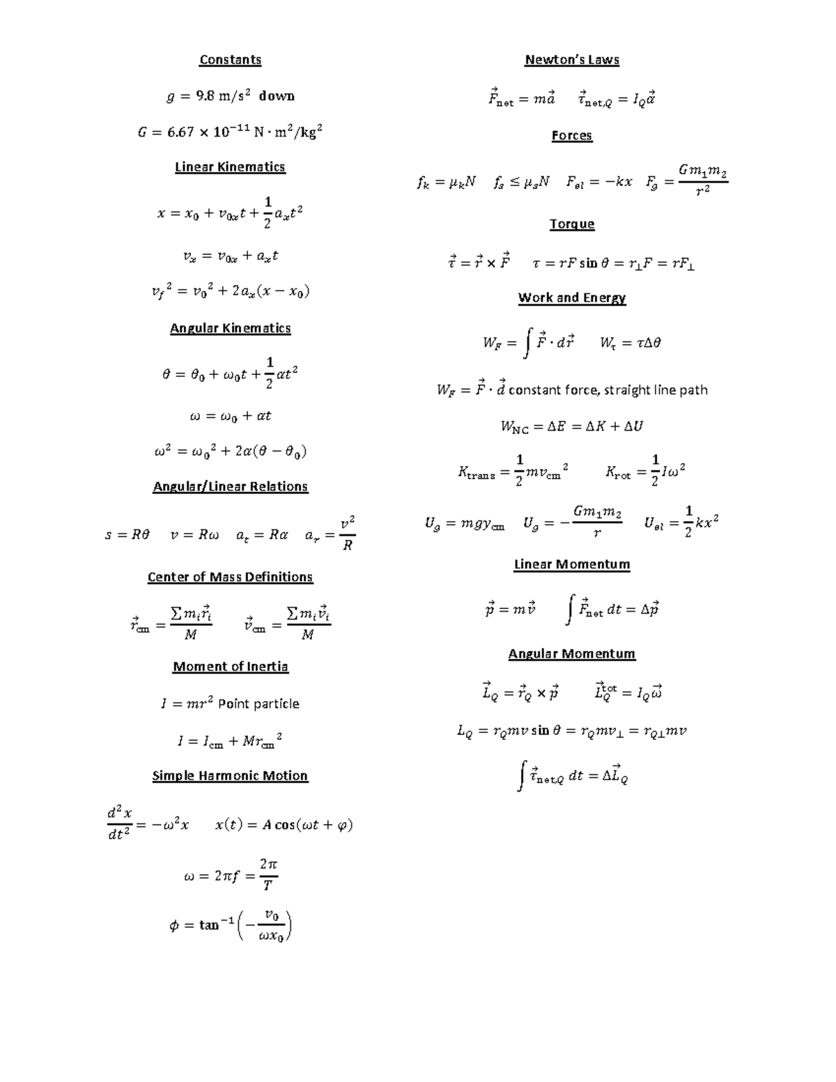 Final Exam Equation Sheet - Constants 𝑔 = 9. 8 m/s 2 down 𝐺 = 6. 67 × ...