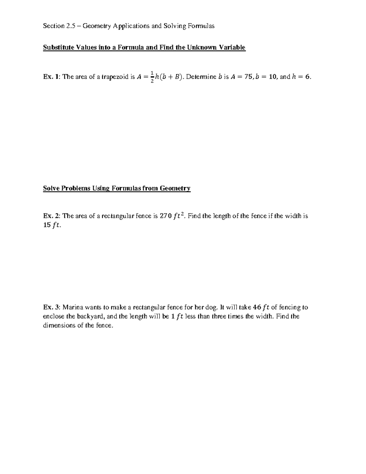 Section 2.5 – Geometry Applications and Solving Formulas - Section 2 ...