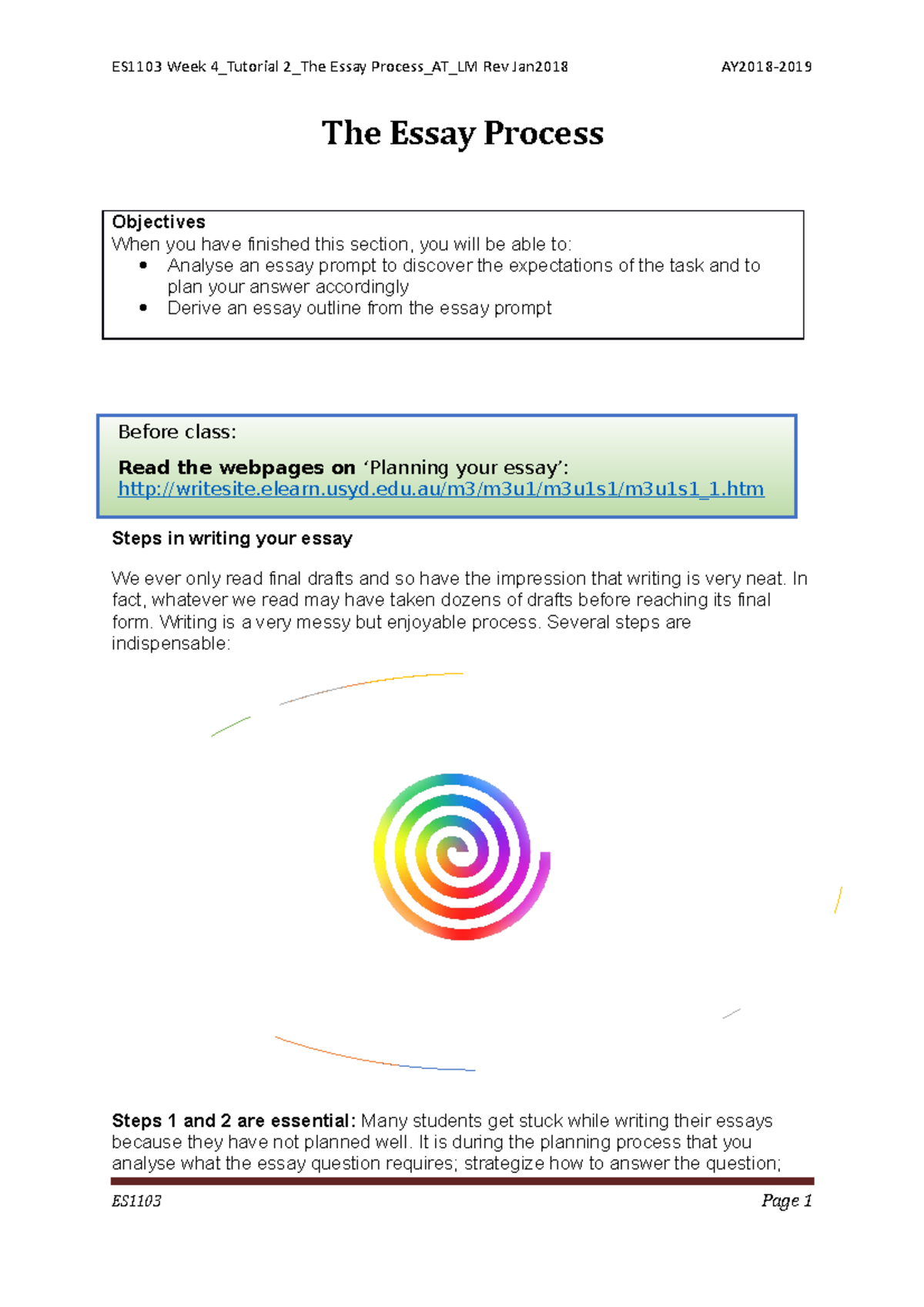 ES1103 Week 4 2 The Essay Process - The Essay Process Objectives When ...