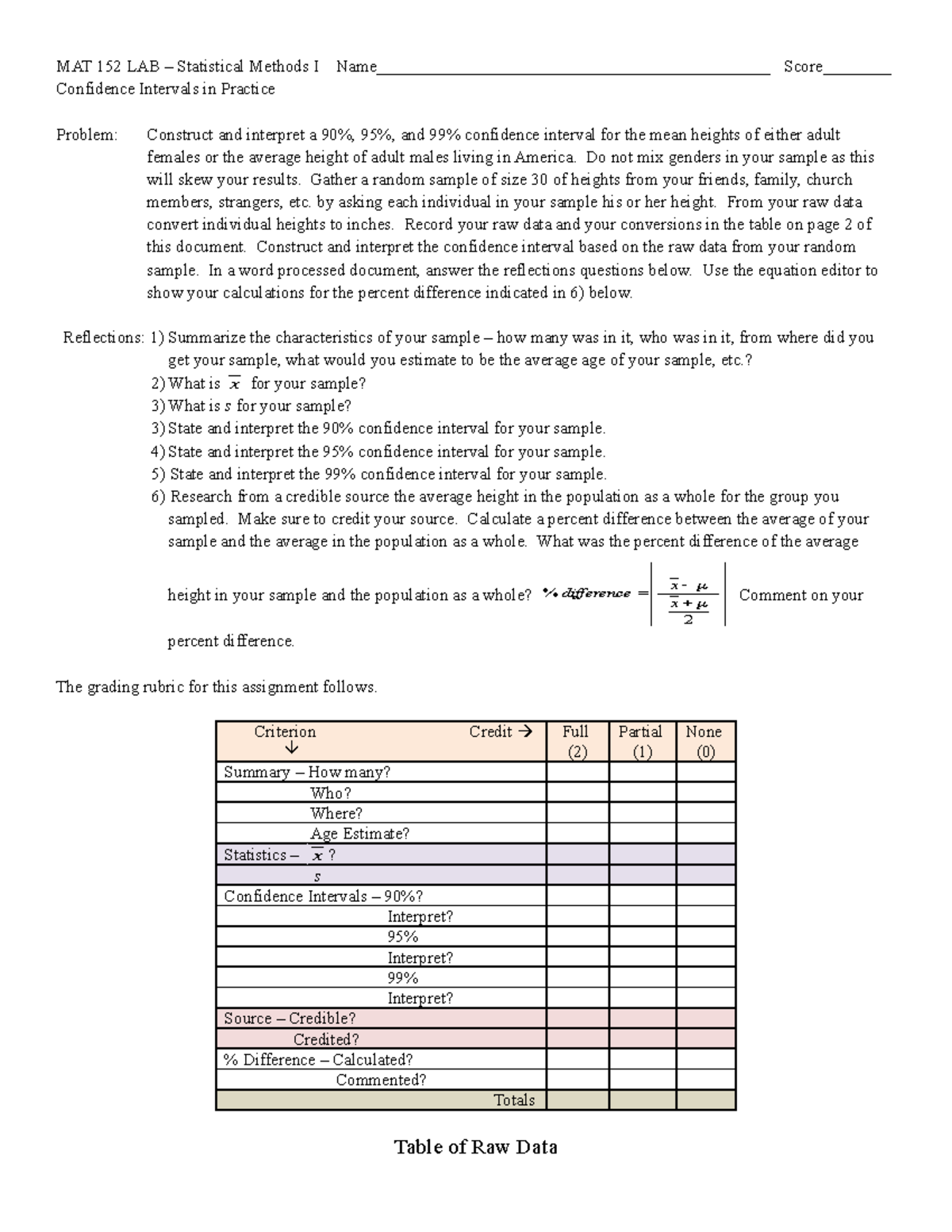 LAB Estimating the Population Mean (2) Mgrose - MAT 152 LAB ...
