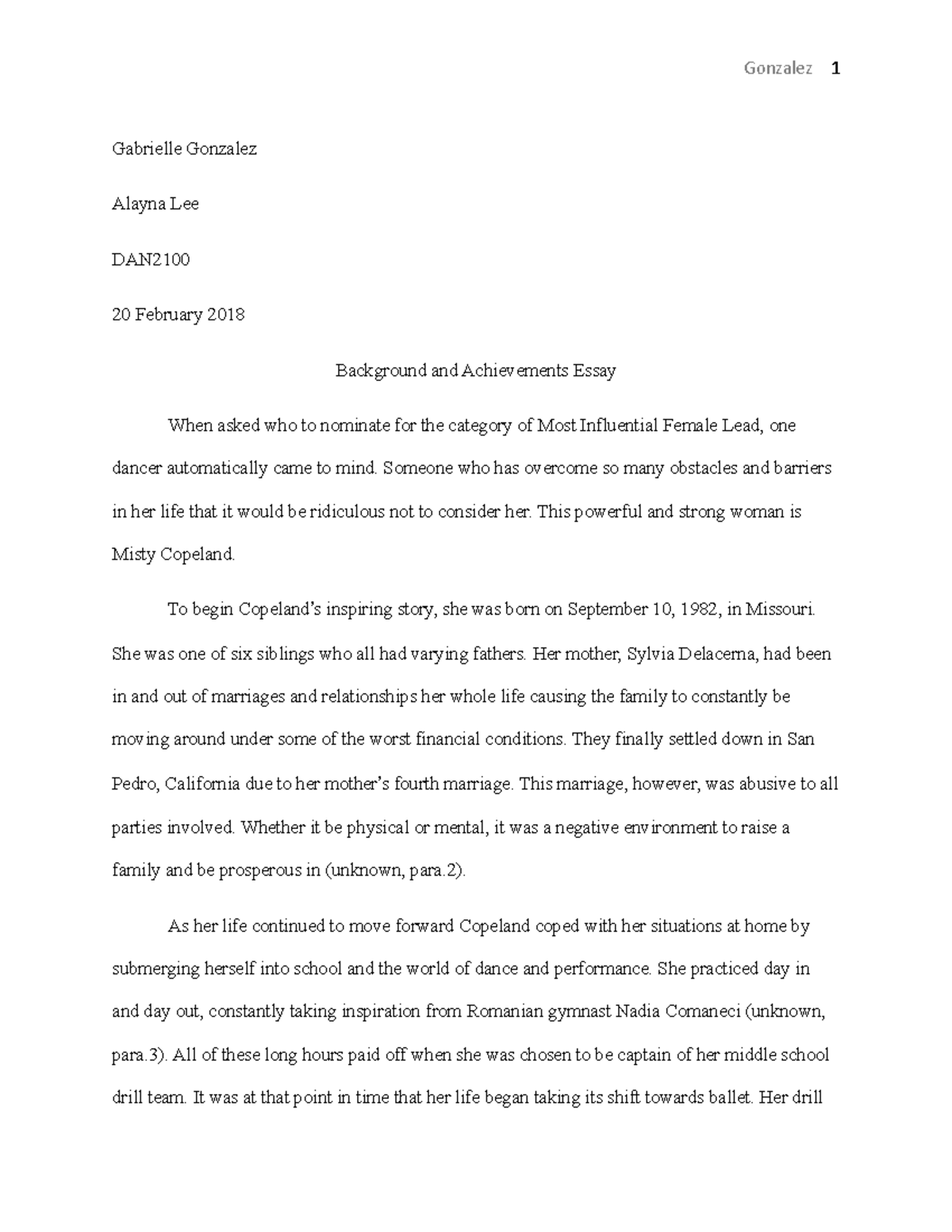 Background and achievements essay - Gabrielle Gonzalez Alayna Lee DAN ...