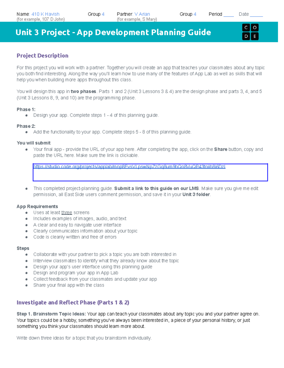 U3 Project - App Development Planning Guide (digital) - Name: 410 K ...
