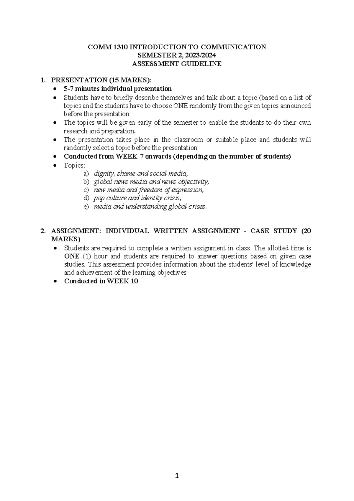 COMM 1310 Assessment Protocol SEM 2 2023 2024 - 1 COMM 1310 ...