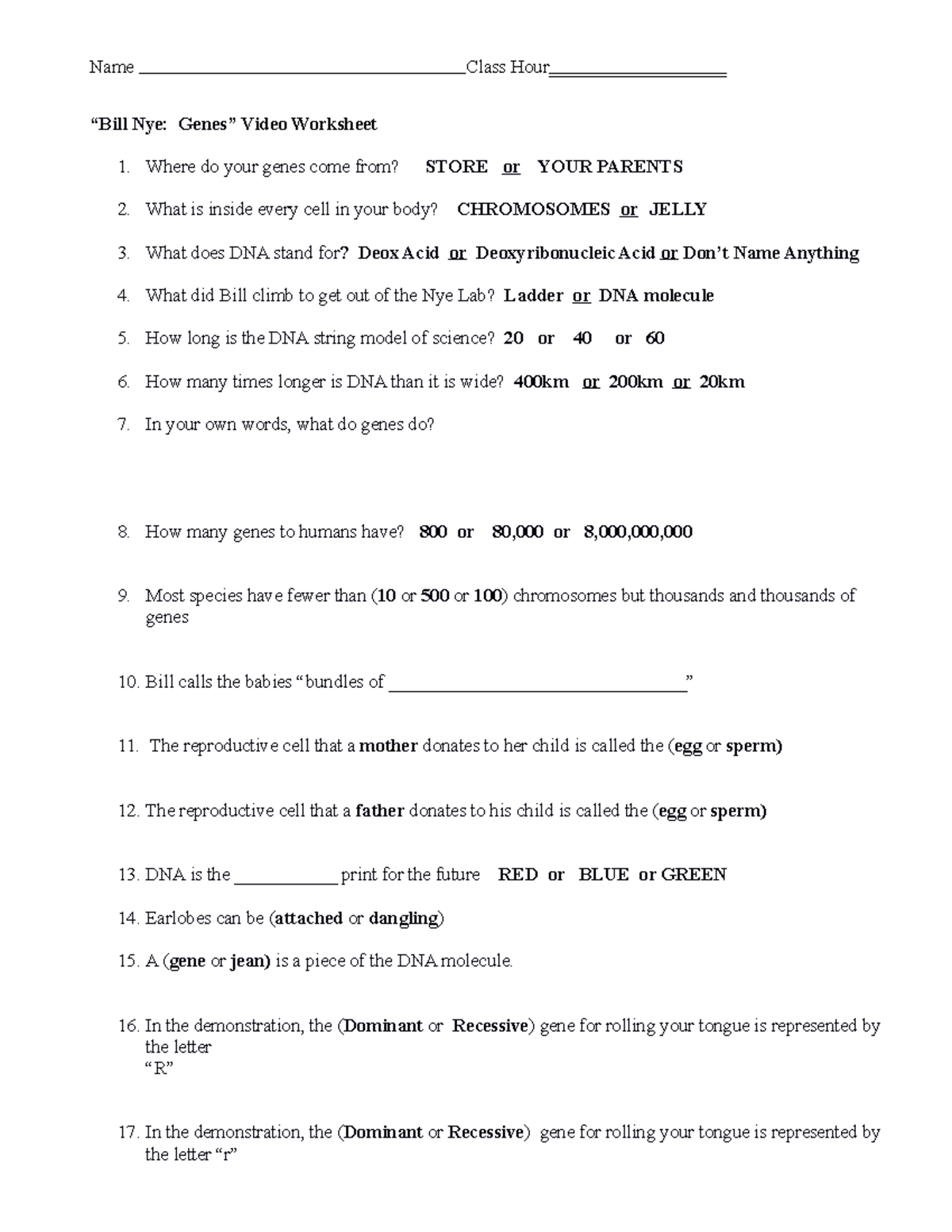 Bill nye genes worksheet - Name Class Hour___________________ “Bill Nye ...
