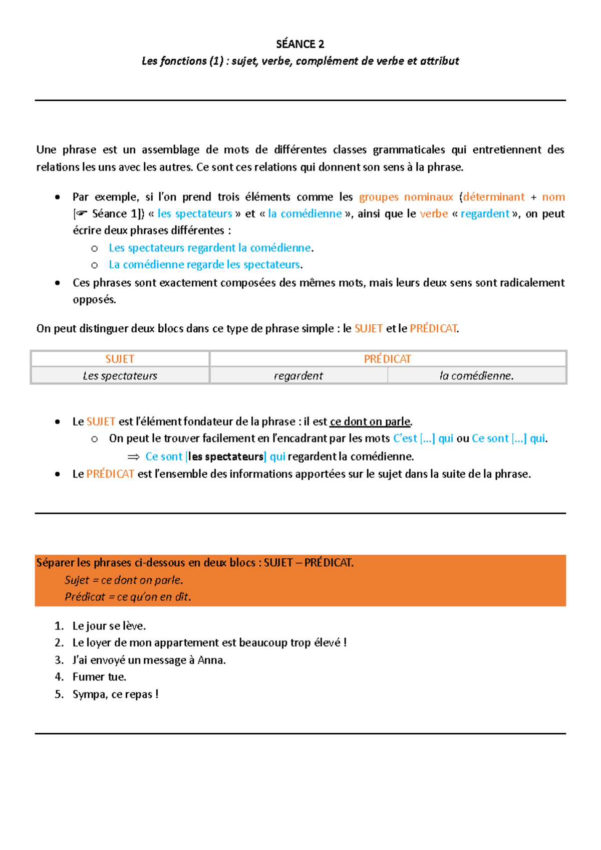 Expression francaise TD - SÉANCE 2 Les fonctions (1) : sujet, verbe ...