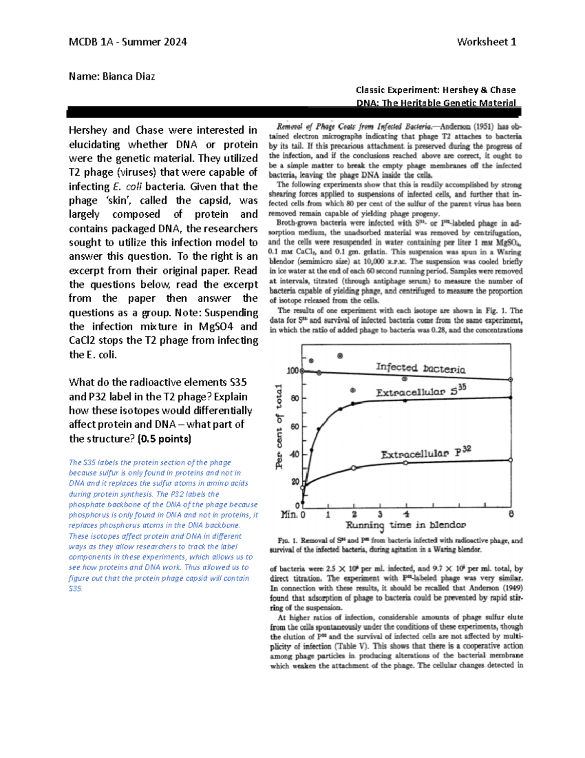 Copy of Worksheet 1 - MCDB 1A - Summer 2024 Worksheet 1 Name: Bianca Diaz Classic Experiment ...