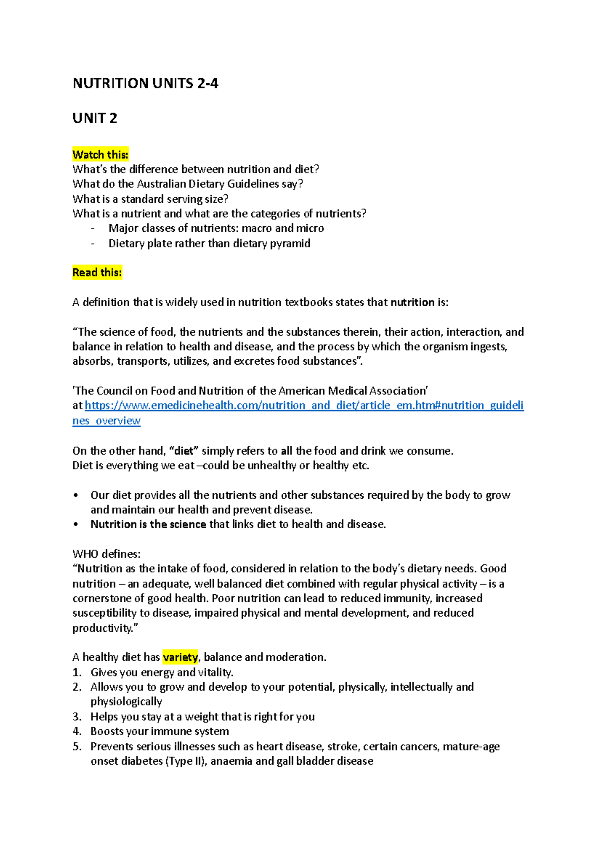 Units 2-4 - Unit 2-4 summary of course notes and activities - FSHN1030 ...